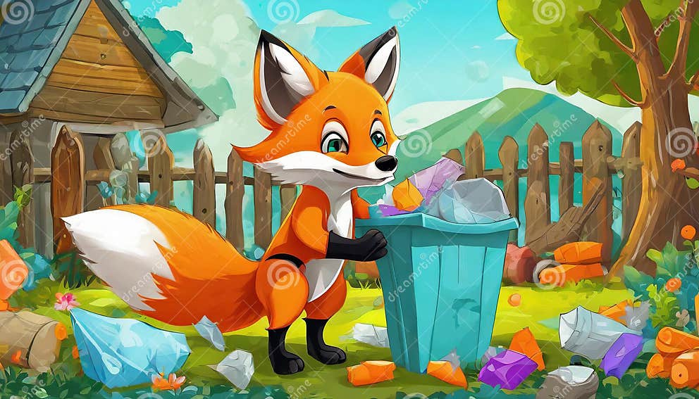 Smiley Fox is Collecting Garbage To Trash Bin at Backyard Stock ...