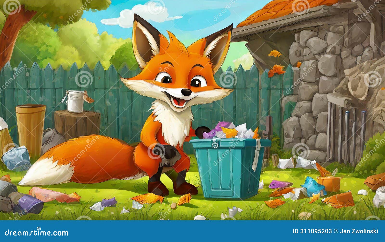 Smiley Fox is Collecting Garbage To Trash Bin at Backyard Stock ...