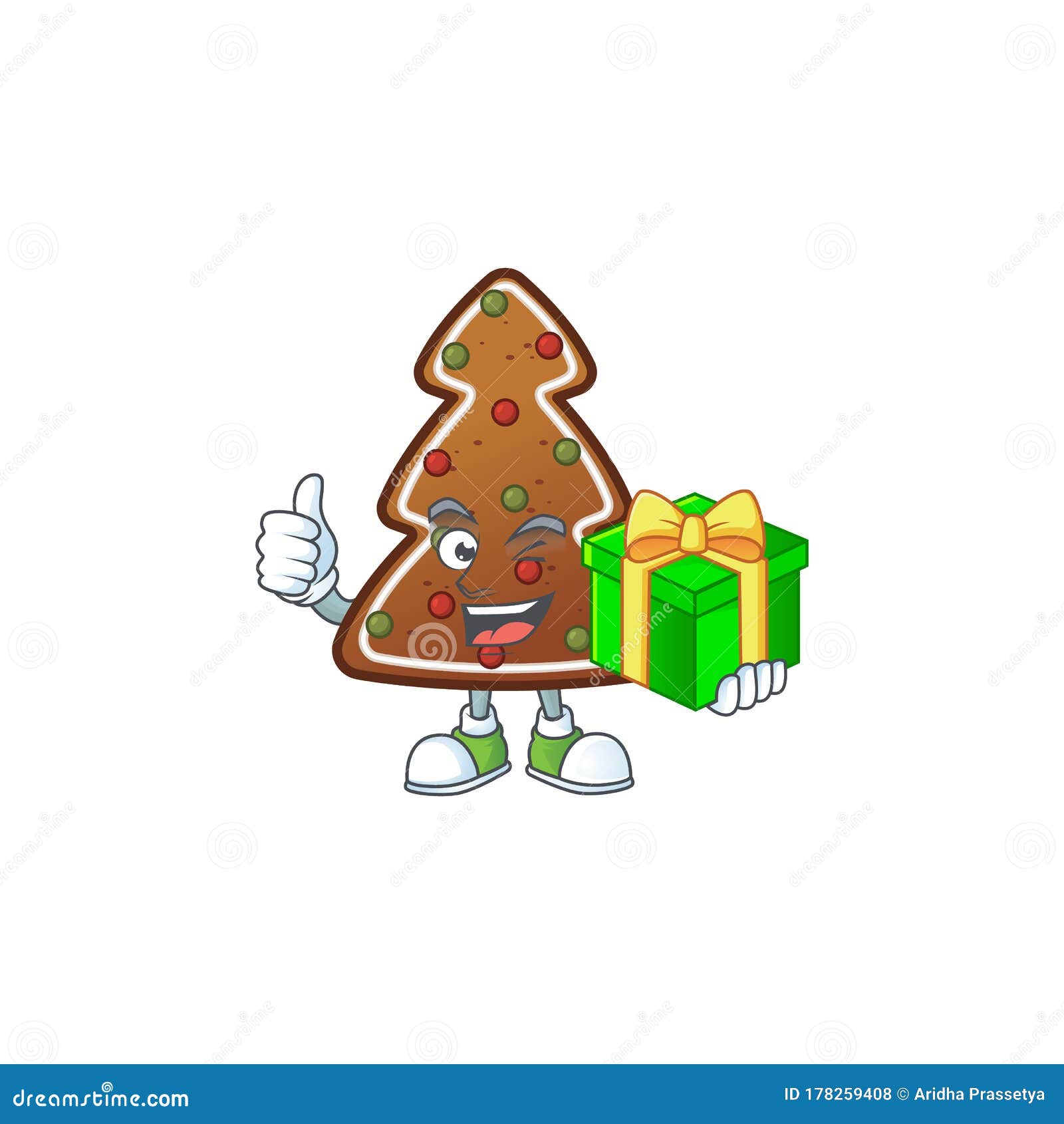 Smiley Gingerbread Tree Cartoon Character Holding a Gift Box Stock ...