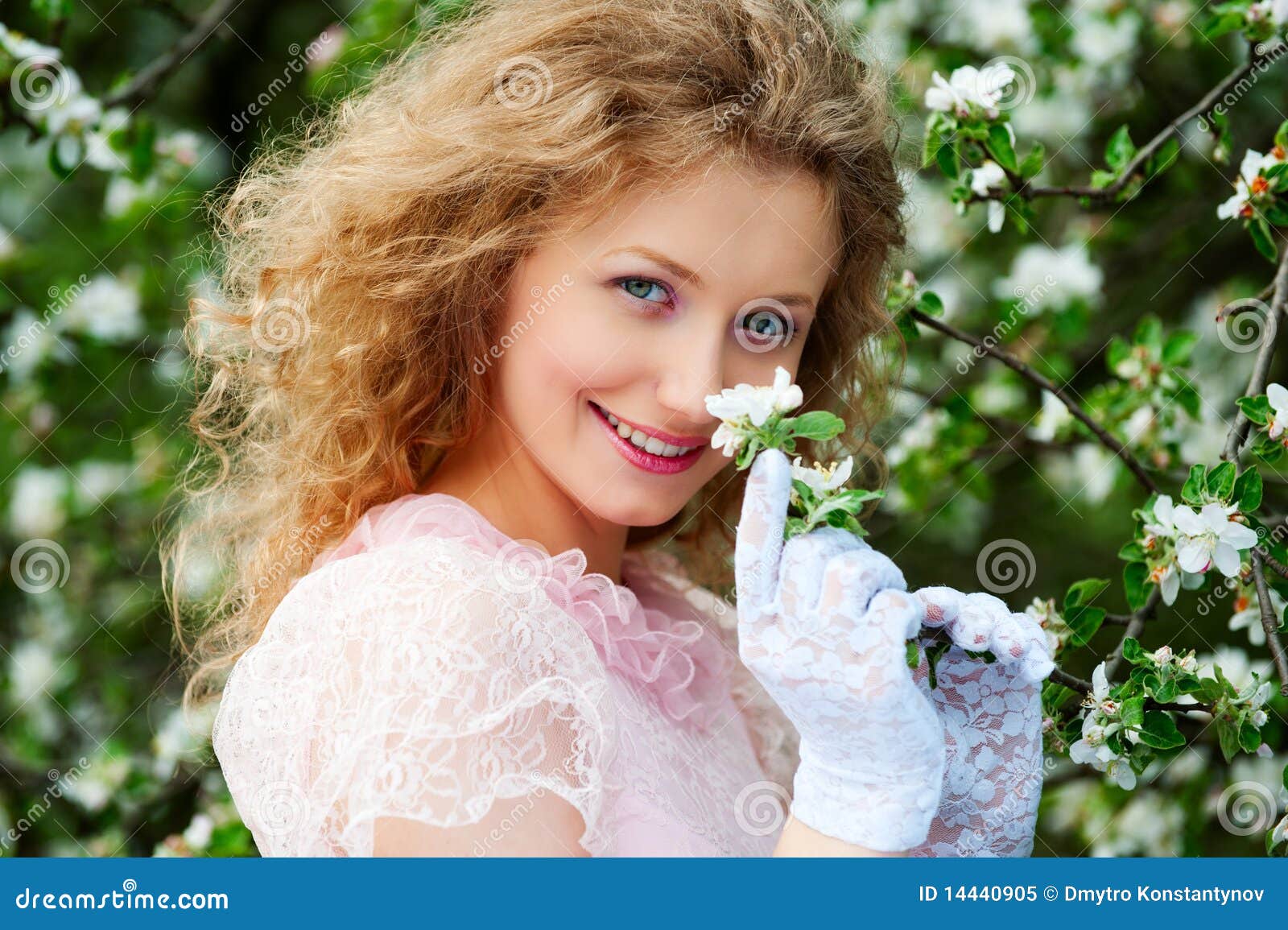Smiley Model Posing in White Flowers Stock Image - Image of girl, head ...