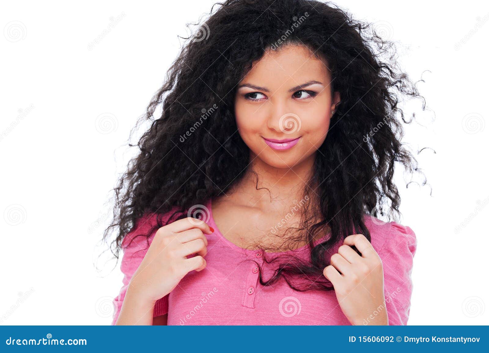 Smiley Woman with Curly Hair Stock Photo - Image of pink, portrait ...