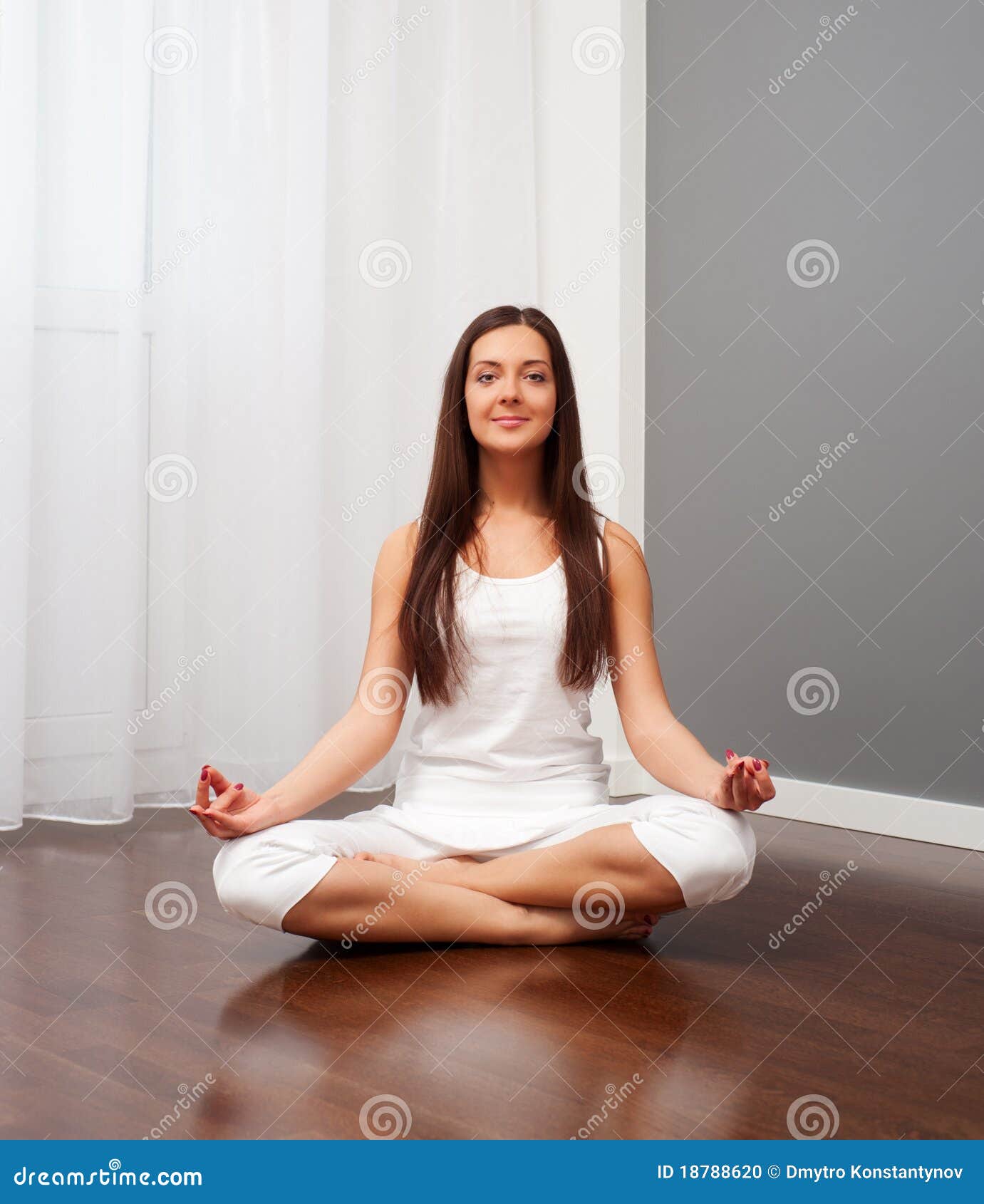 Smiley Woman Doing Yoga in Room Stock Photo - Image of bright, meditate ...