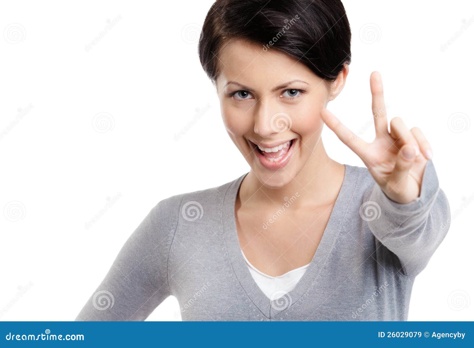 Smiley Woman Shows Victory Sign Stock Image - Image of happy, color ...