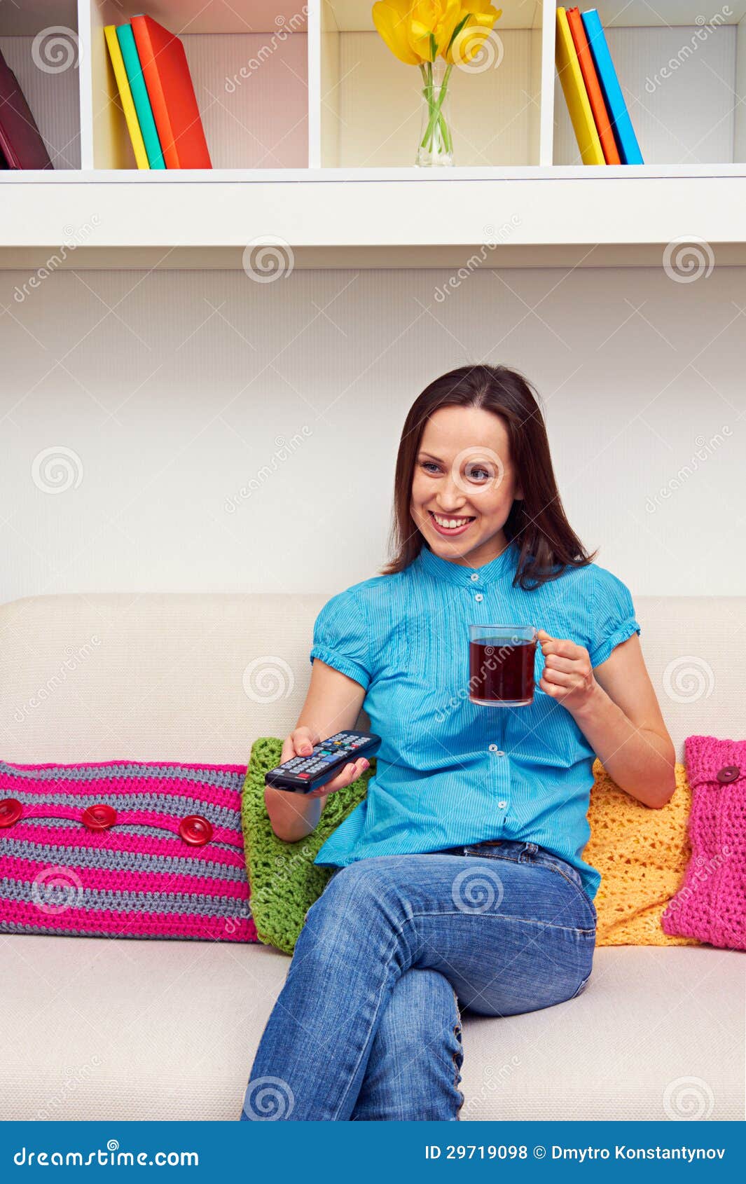 Smiley woman watching tv stock photo. Image of channel - 29719098