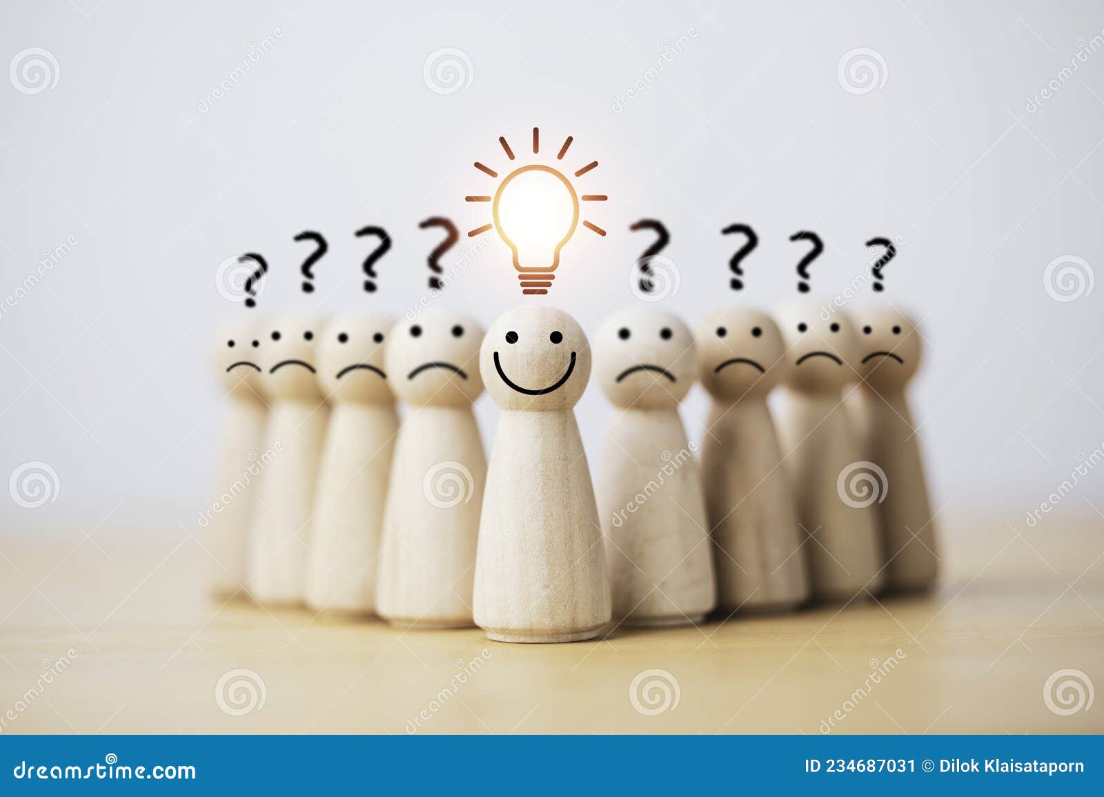 Smiley Wooden Human with Light Bulb and Others Human with Question Mark ...