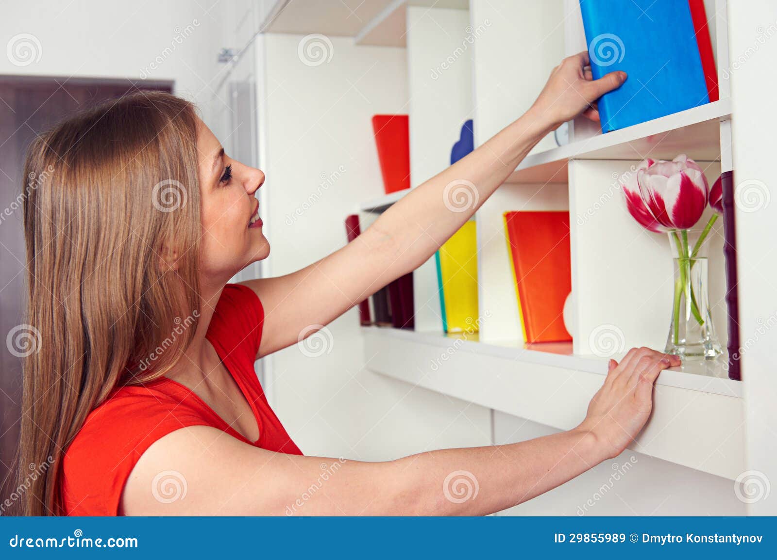 Woman Getting Book from the Shelf Stock Image - Image of house, modern ...