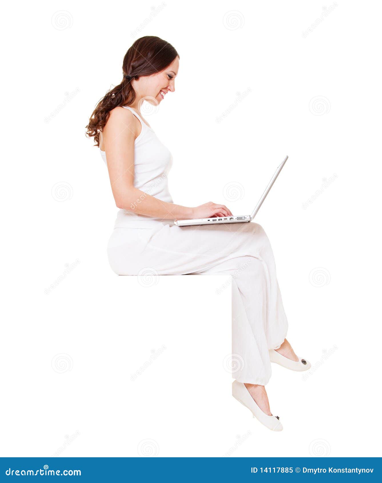 Smiley Young Woman Sitting With Laptop Stock Image Image Of Caucasian