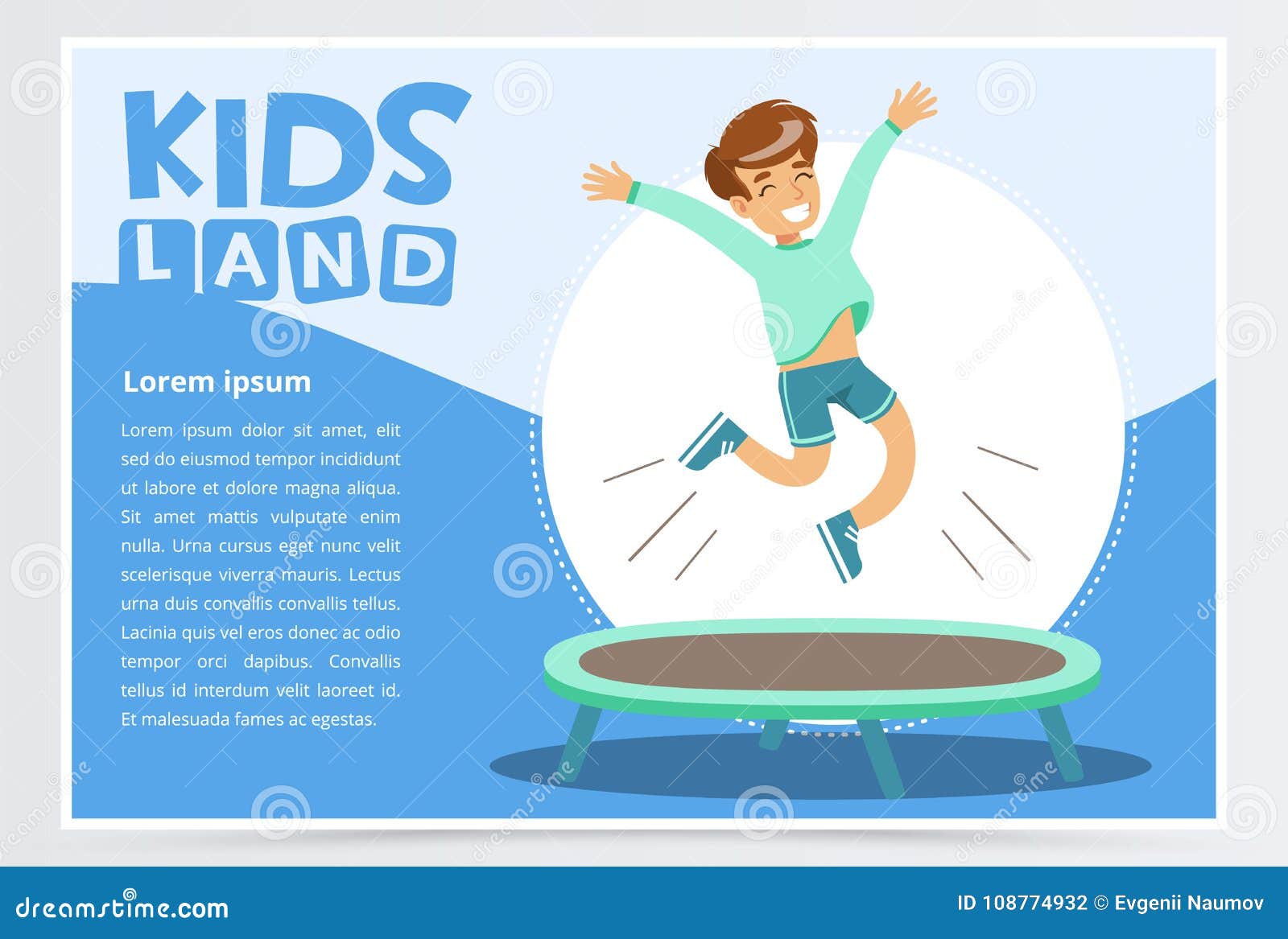 Smiling Active Boy Jumping on Trampoline, Kids Land Banner Flat Vector ...