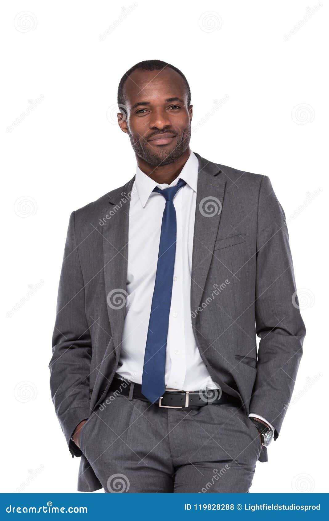 Smiling African American Businessman in Suit with Hands in Pockets ... Smiling African American Businessman in Suit with Hands in Pockets ...