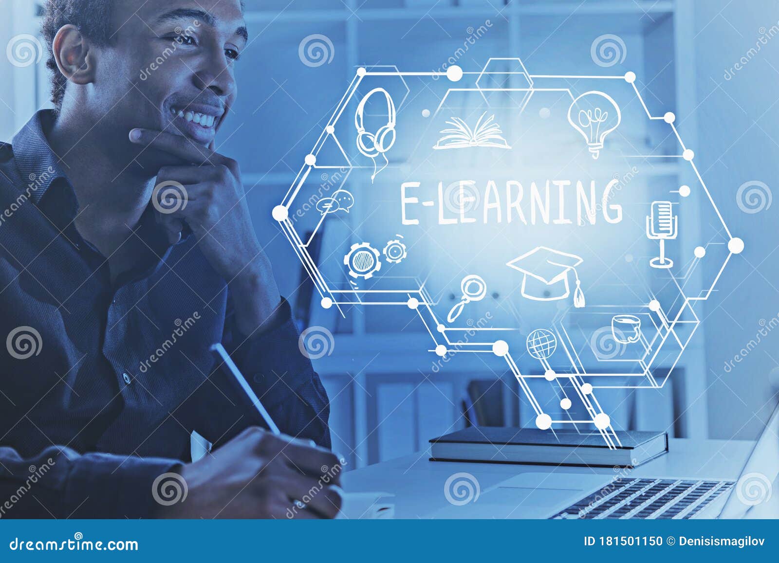 Smiling African Man, E Learning Brain Stock Photo - Image of creativity ...