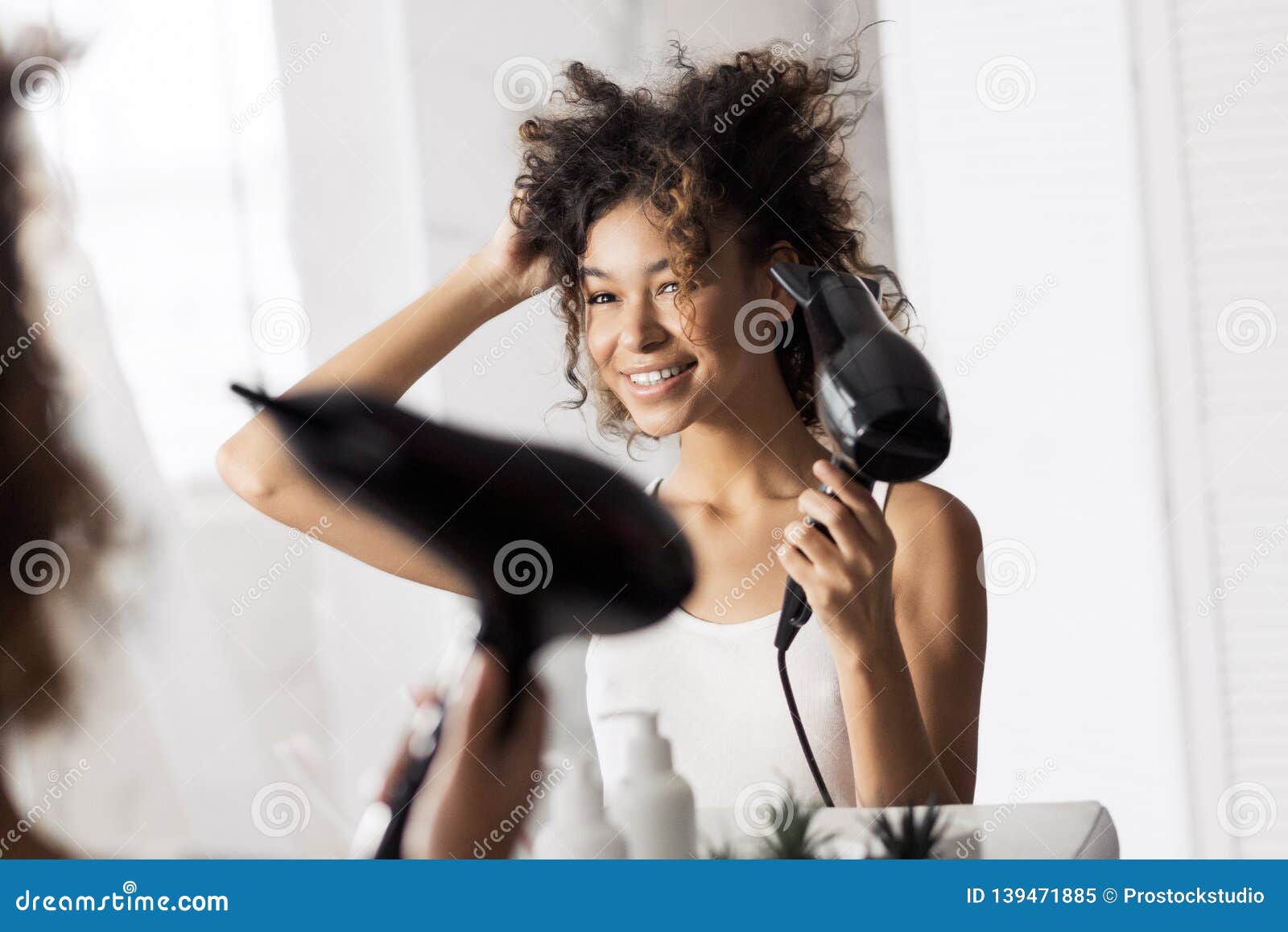 Beautiful Afro Girl Drying Hair Stock Image Image Of Clean Lotion