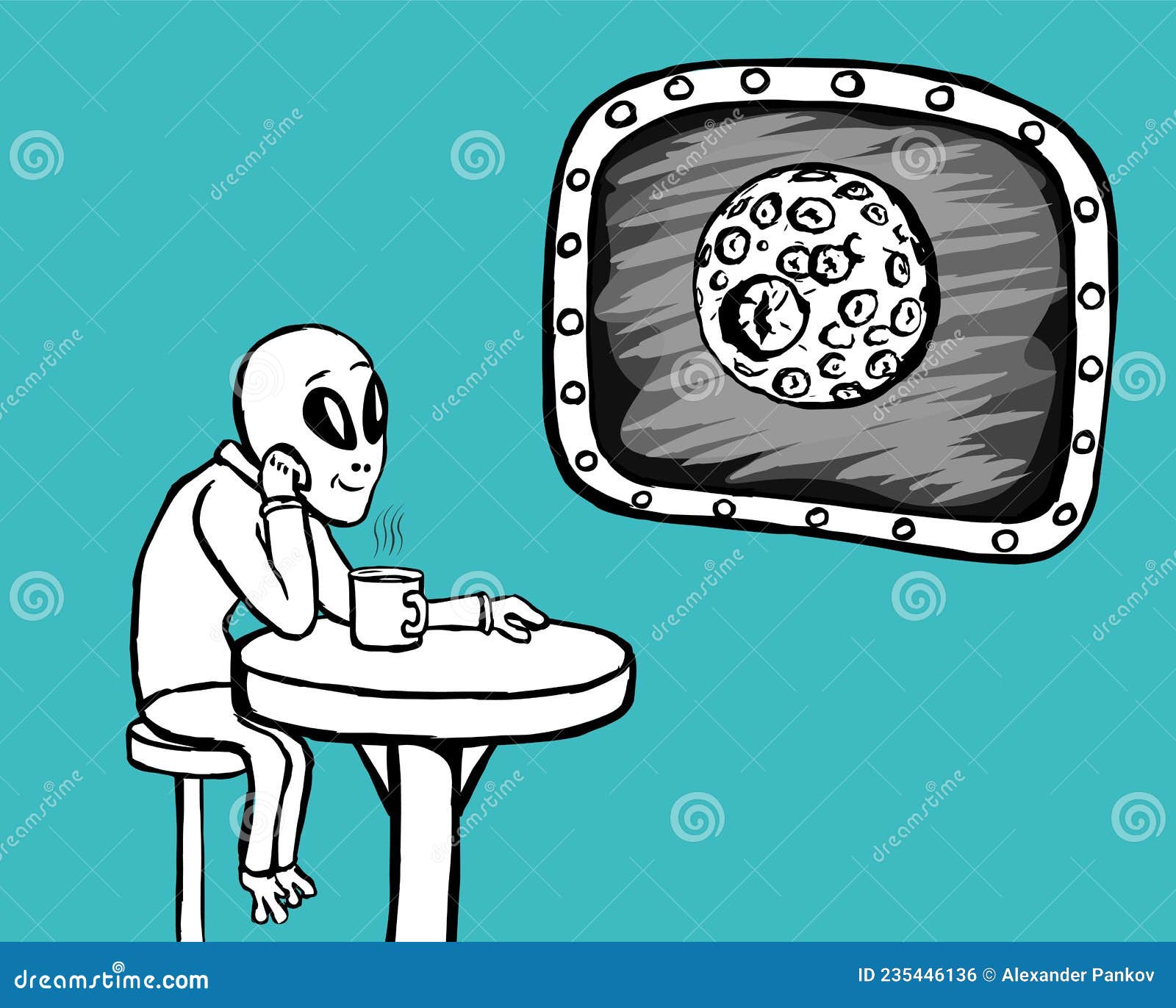 Alien with a Cup of Coffee Looks at the Moon Bw Stock Vector ...