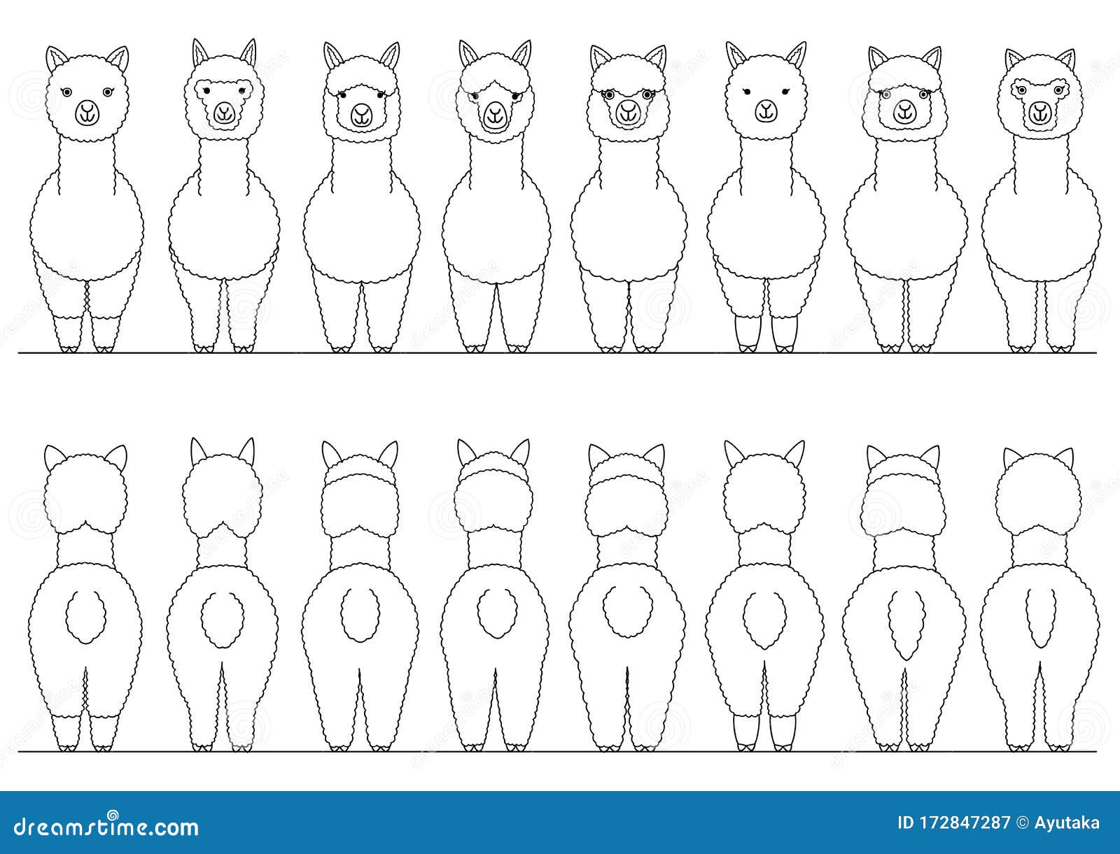 Smiling Alpacas Border Set, Front And Back Vector Illustration ...