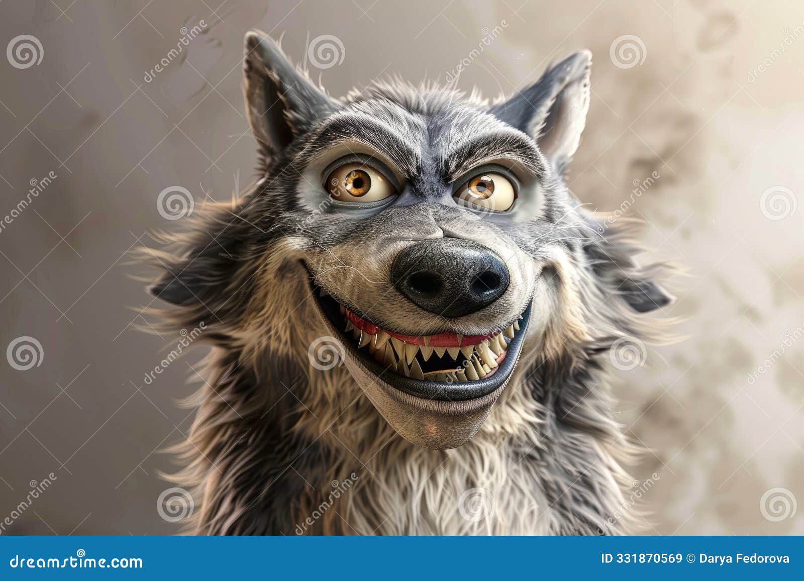 Smiling Animated Wolf Character with Sharp Teeth and Expressive Eyes ...