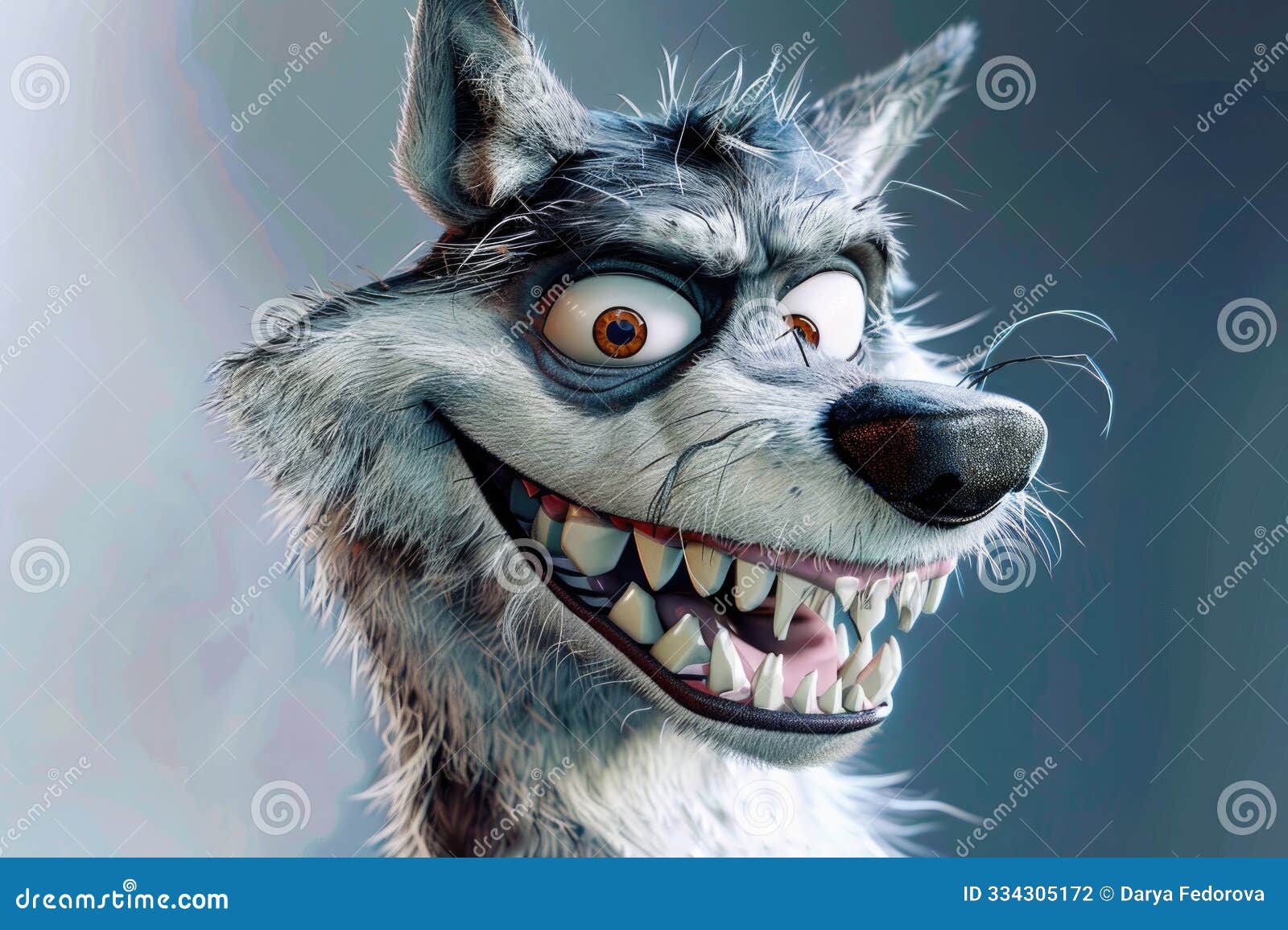Smiling Animated Wolf Character with Sharp Teeth and Expressive Eyes ...