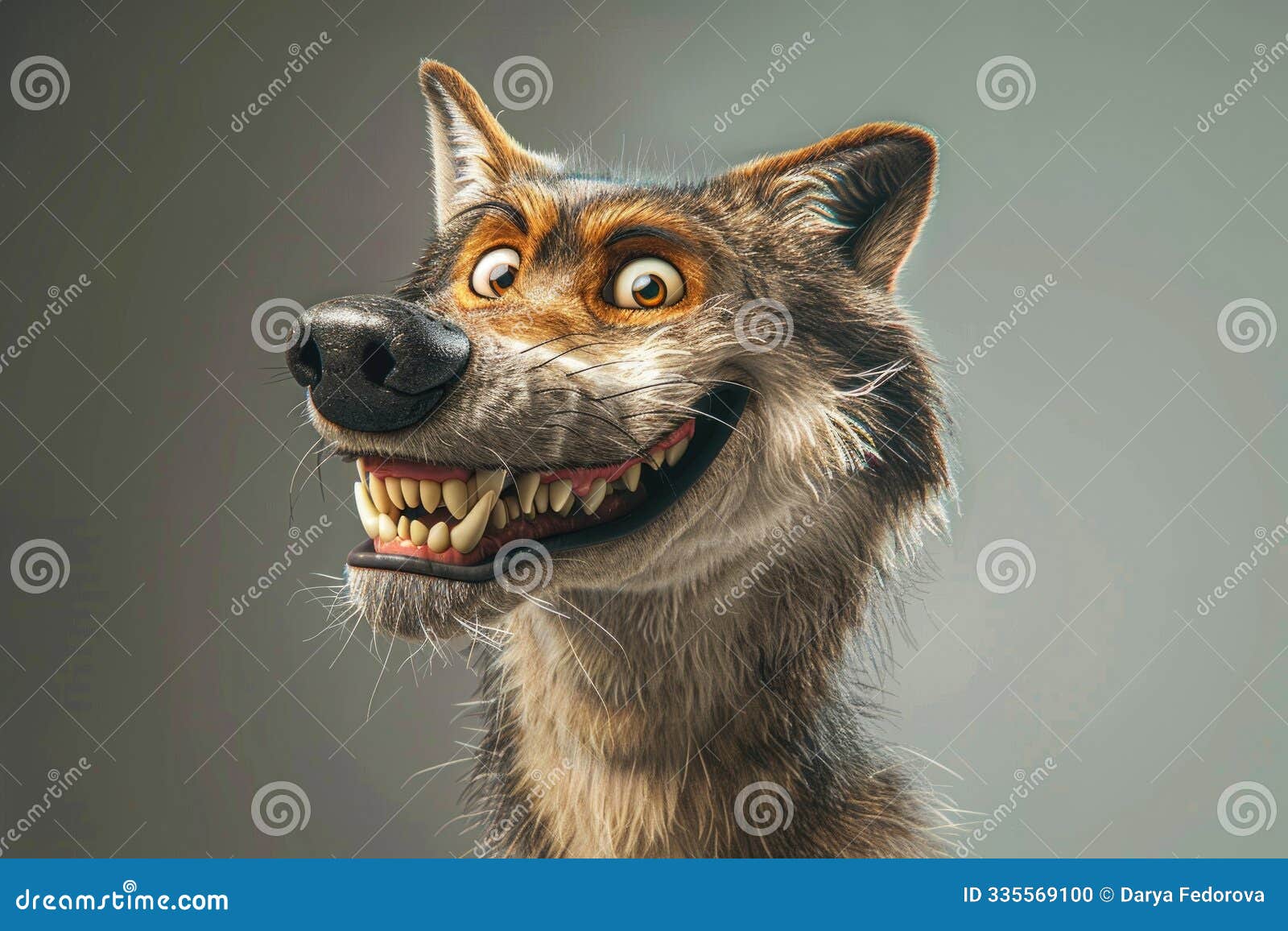 Smiling Animated Wolf Character with Sharp Teeth and Expressive Eyes ...