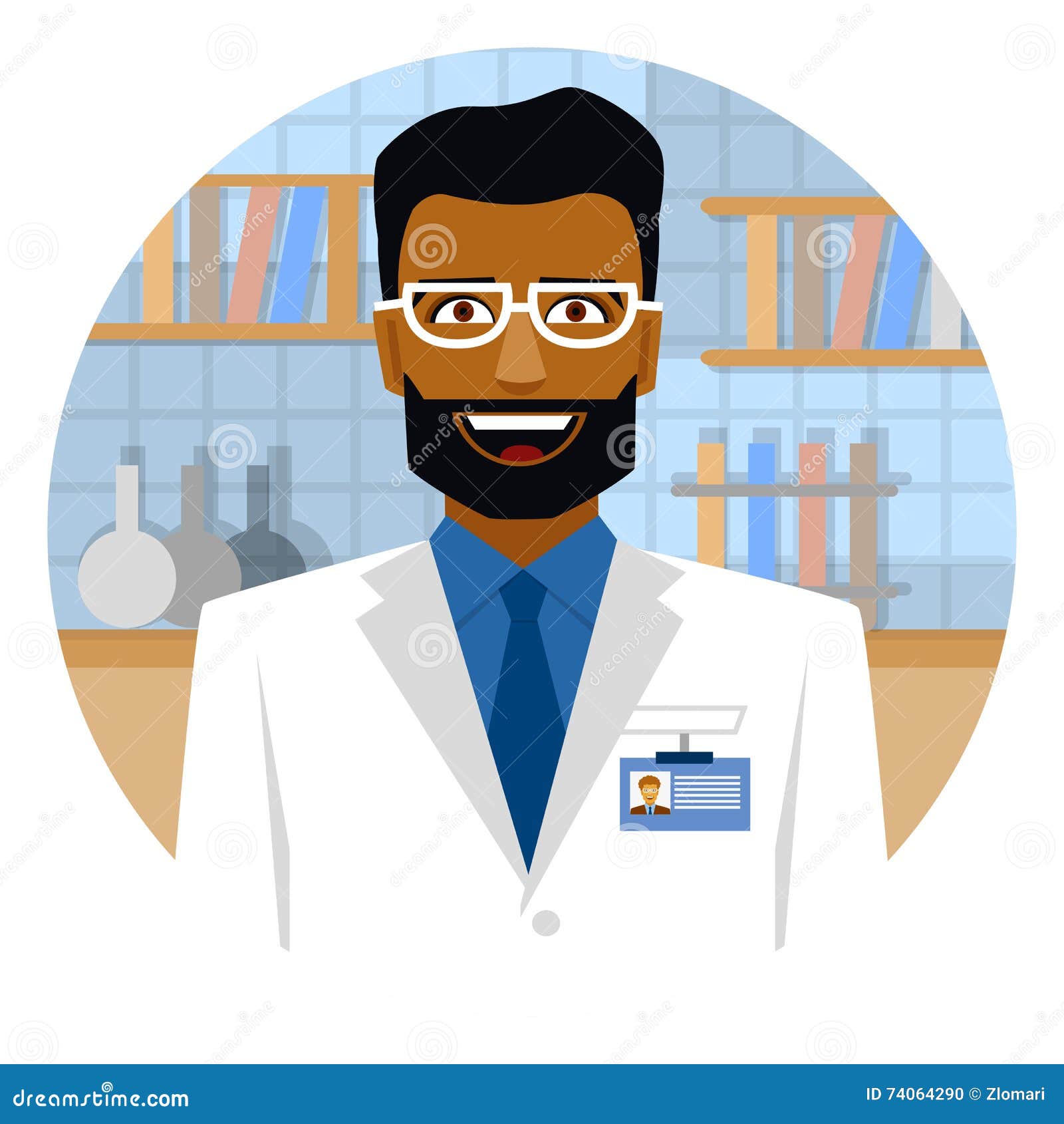 Smiling Arab Scientist in Laboratory on a Round Emblem. Stock Vector ...