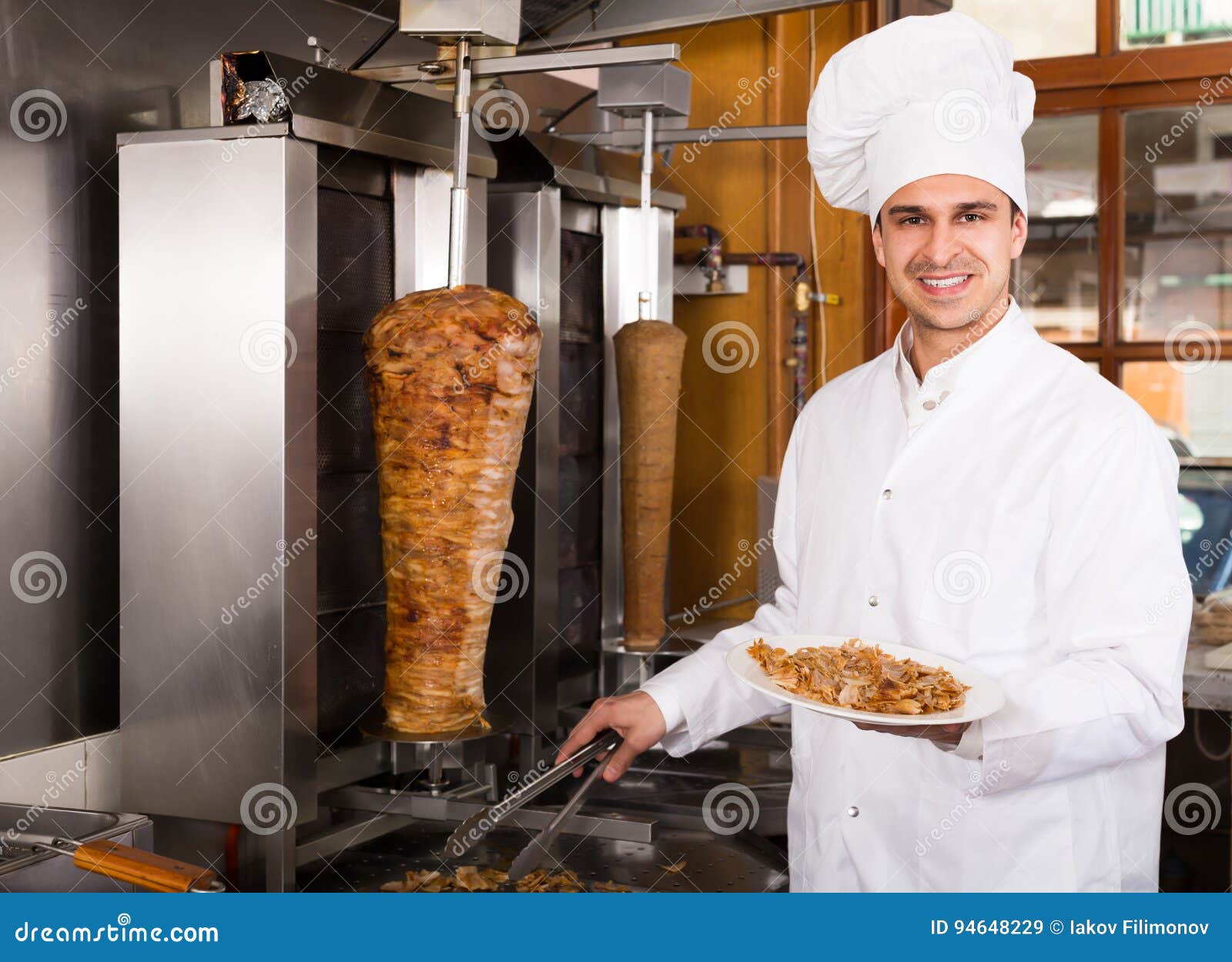 Smiling Arabian Cook Posing Near Meat for Kebab Stock Image - Image of ...