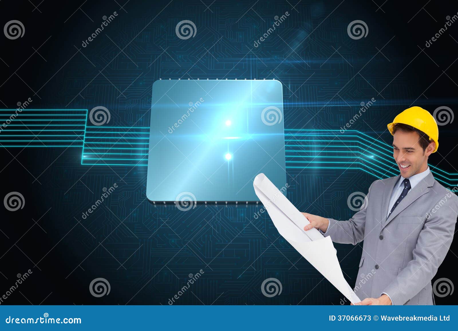 Smiling Architect with Hard Hat Looking at Plans Stock Illustration ... Smiling Architect with Hard Hat Looking at Plans Stock Illustration ...