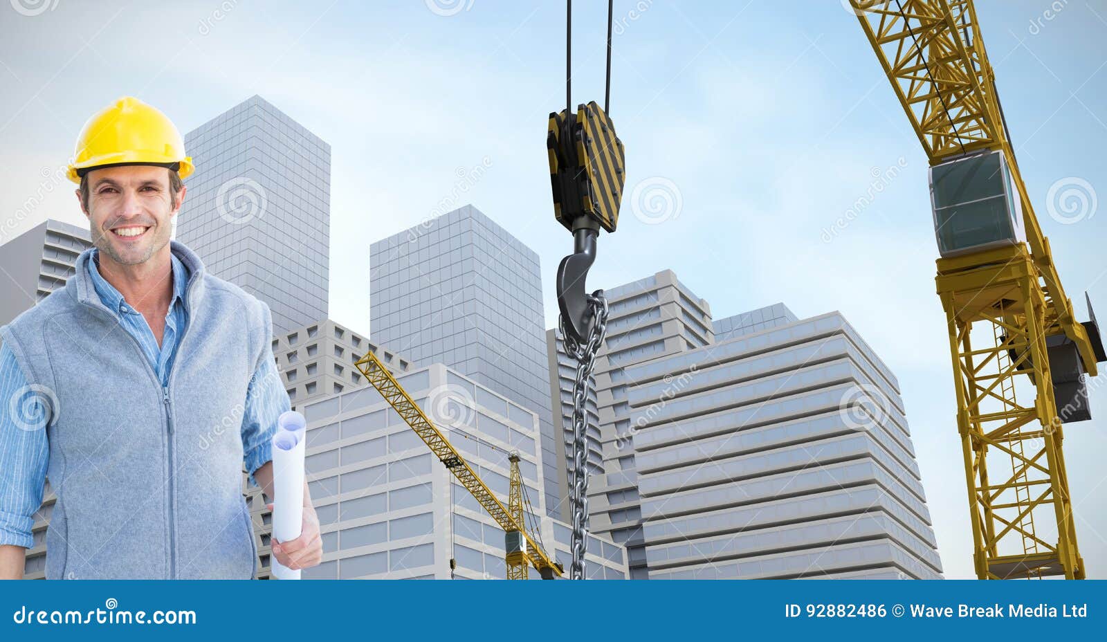 Smiling Architect Holding Blueprints by Crane Against Buildings Stock ... Smiling Architect Holding Blueprints by Crane Against Buildings Stock ...