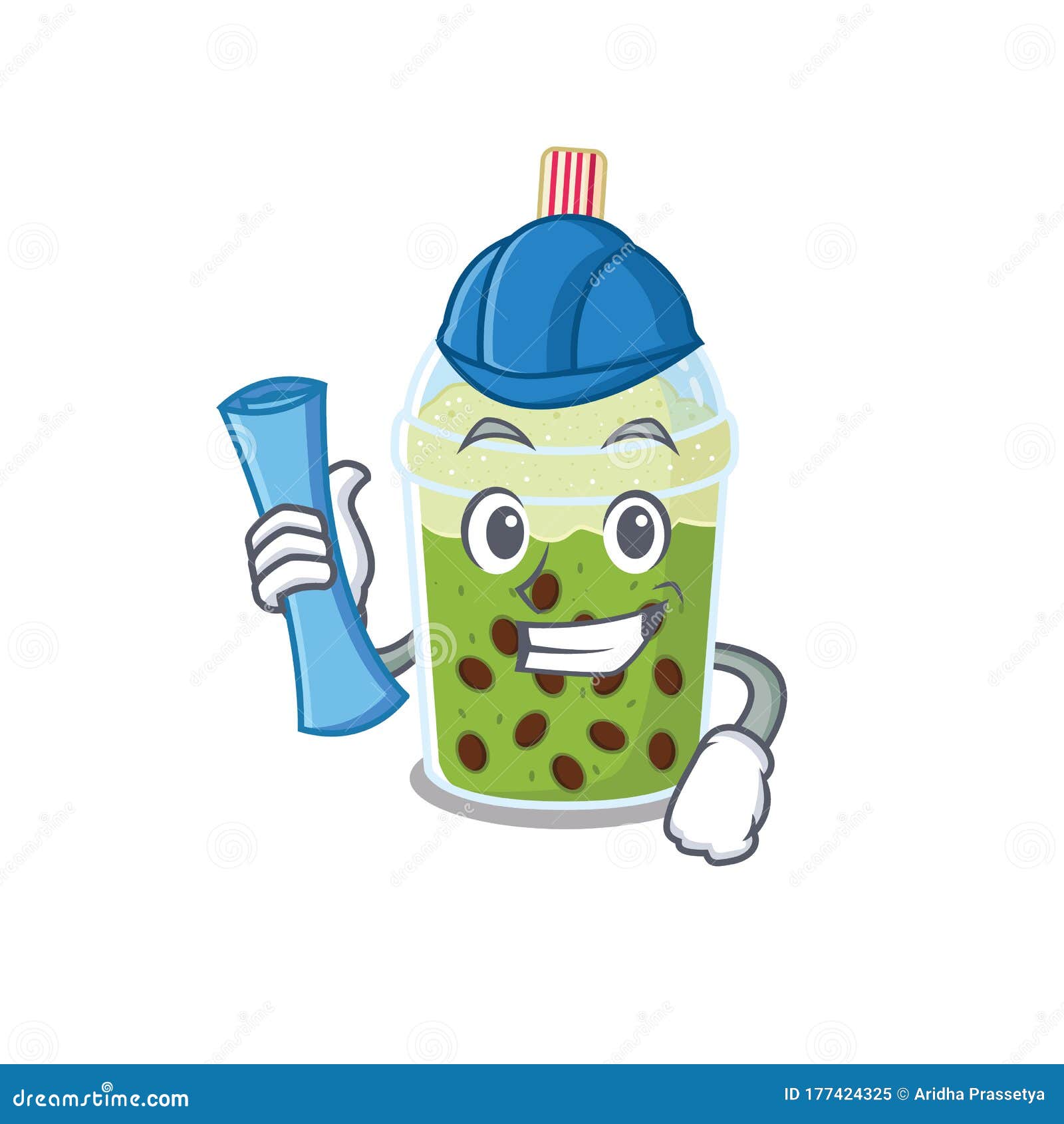 Smiling Architect of Matcha Bubble Tea Having Blue Prints and Blue ...