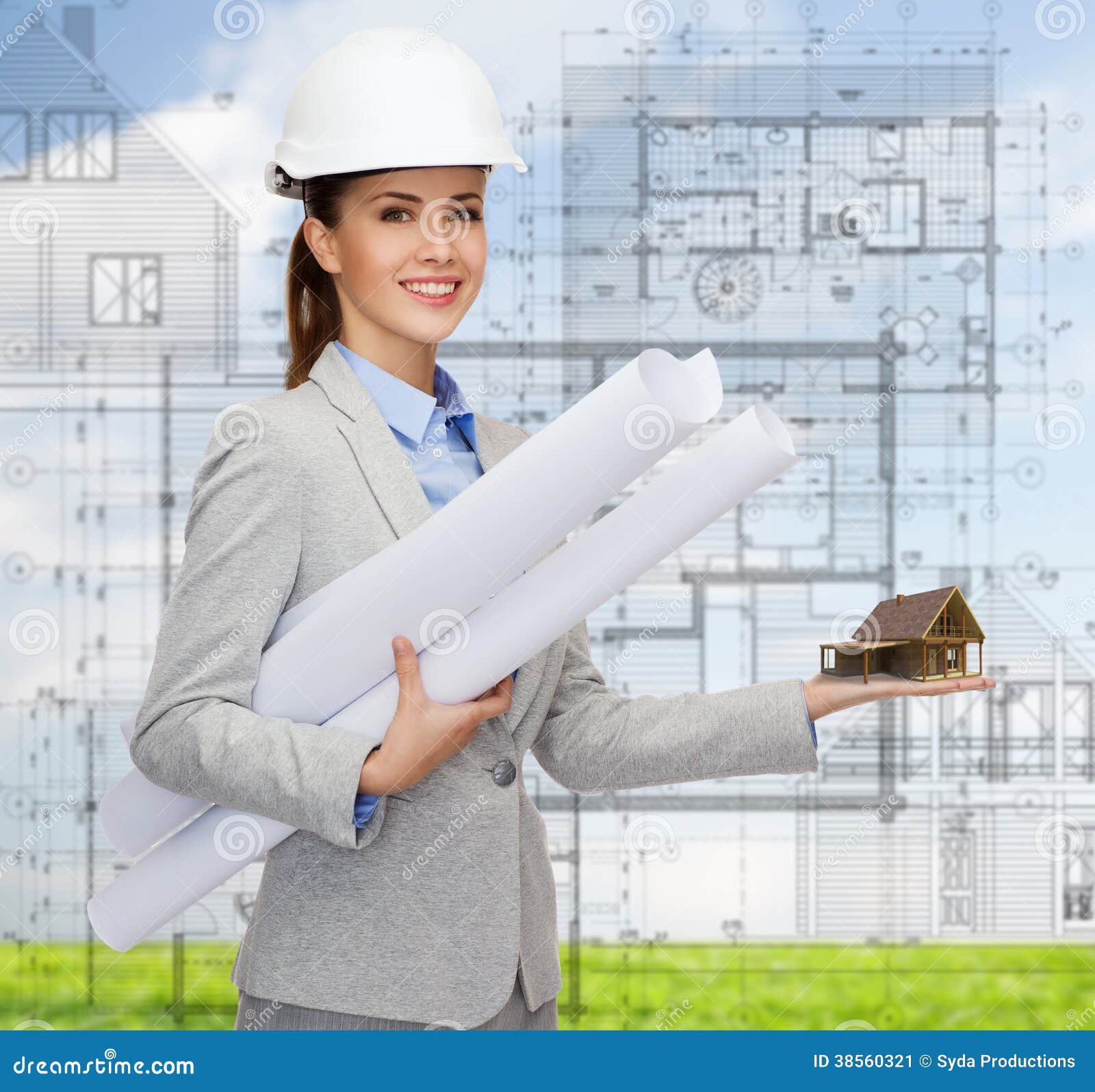 Smiling Architect in White Helmet with Blueprints Stock Image - Image ...