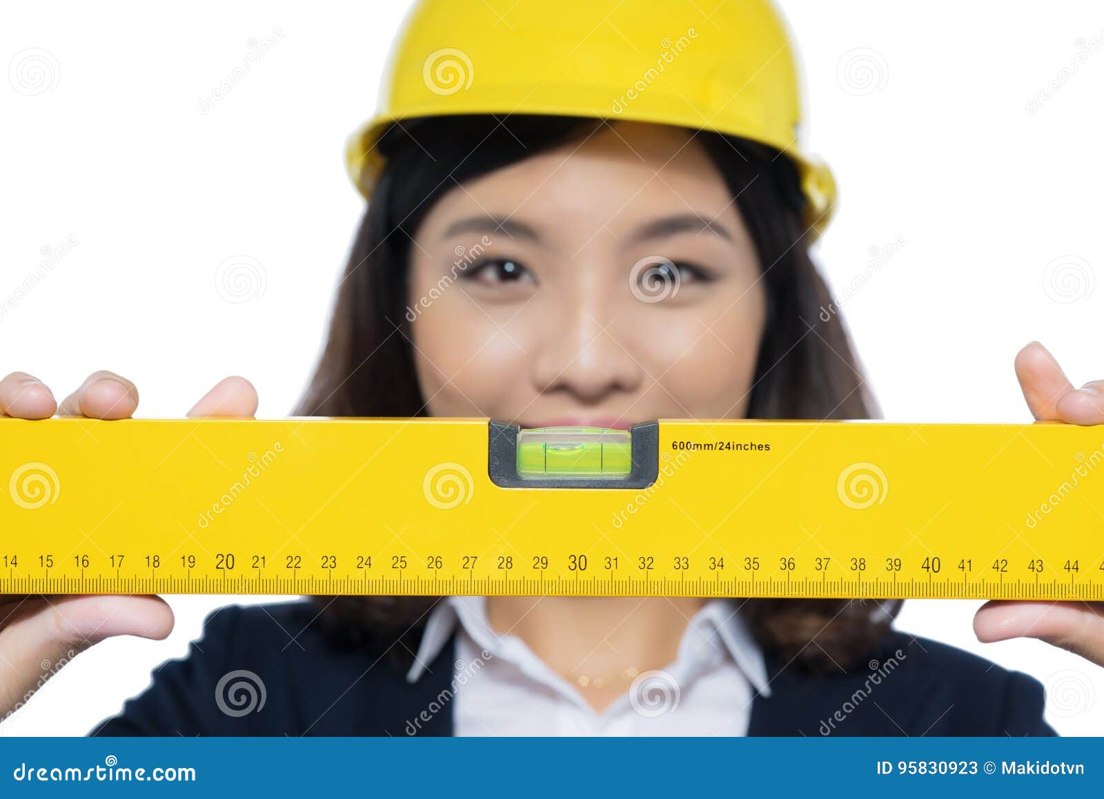 Smiling Architect Woman Holding Yellow Ruler Isolated on White. Stock ... Smiling Architect Woman Holding Yellow Ruler Isolated on White. Stock ...