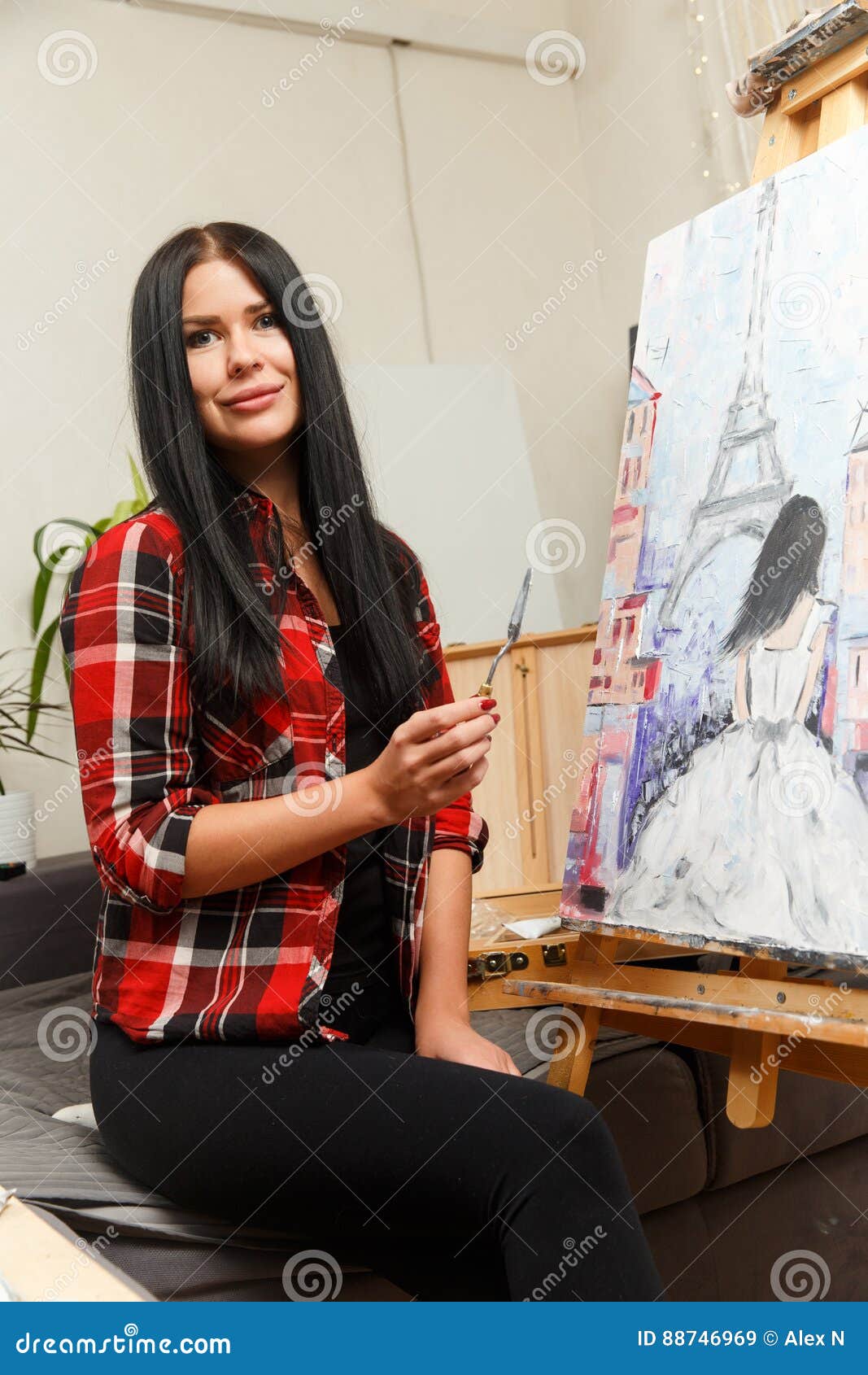 Smiling Artist in Painting Studio Stock Image - Image of black, brown ...