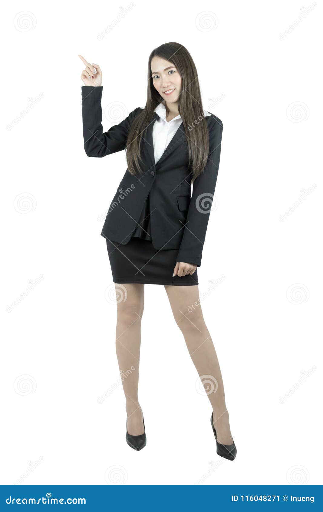 Smiling Asian Business Woman Pointing and Presenting, Full Length ... Smiling Asian Business Woman Pointing and Presenting, Full Length ...