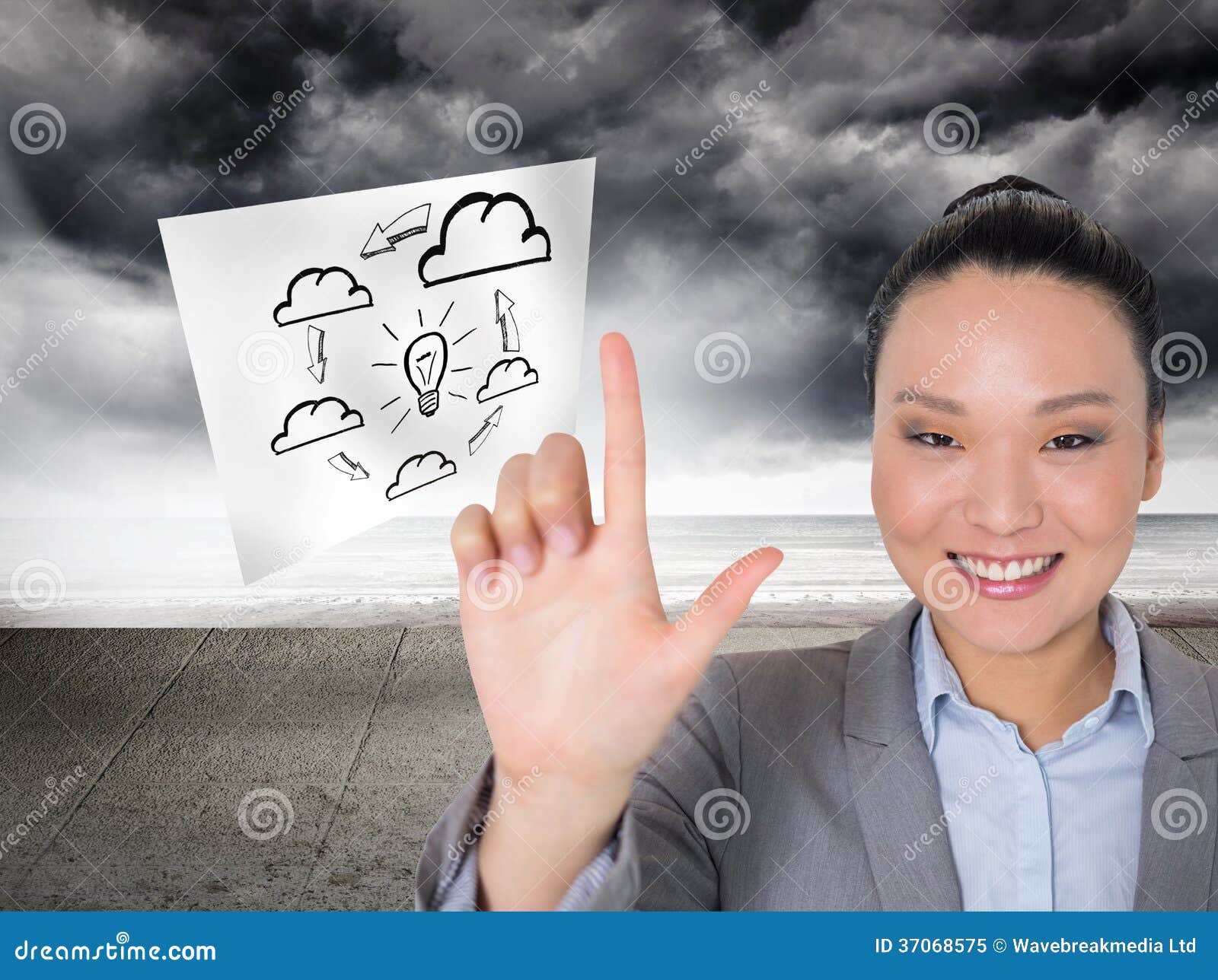 Smiling Asian Businesswoman Pointing Stock Image - Image of wind, grey ...