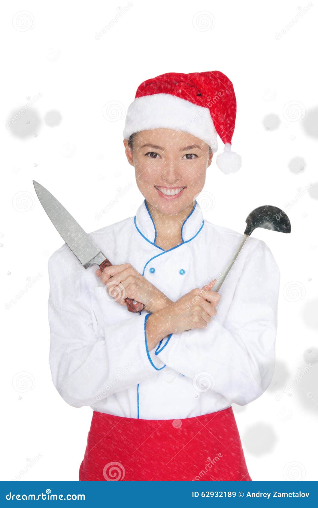 Smiling Asian Chef in Christmas Cap with Container Under Snow Stock ...