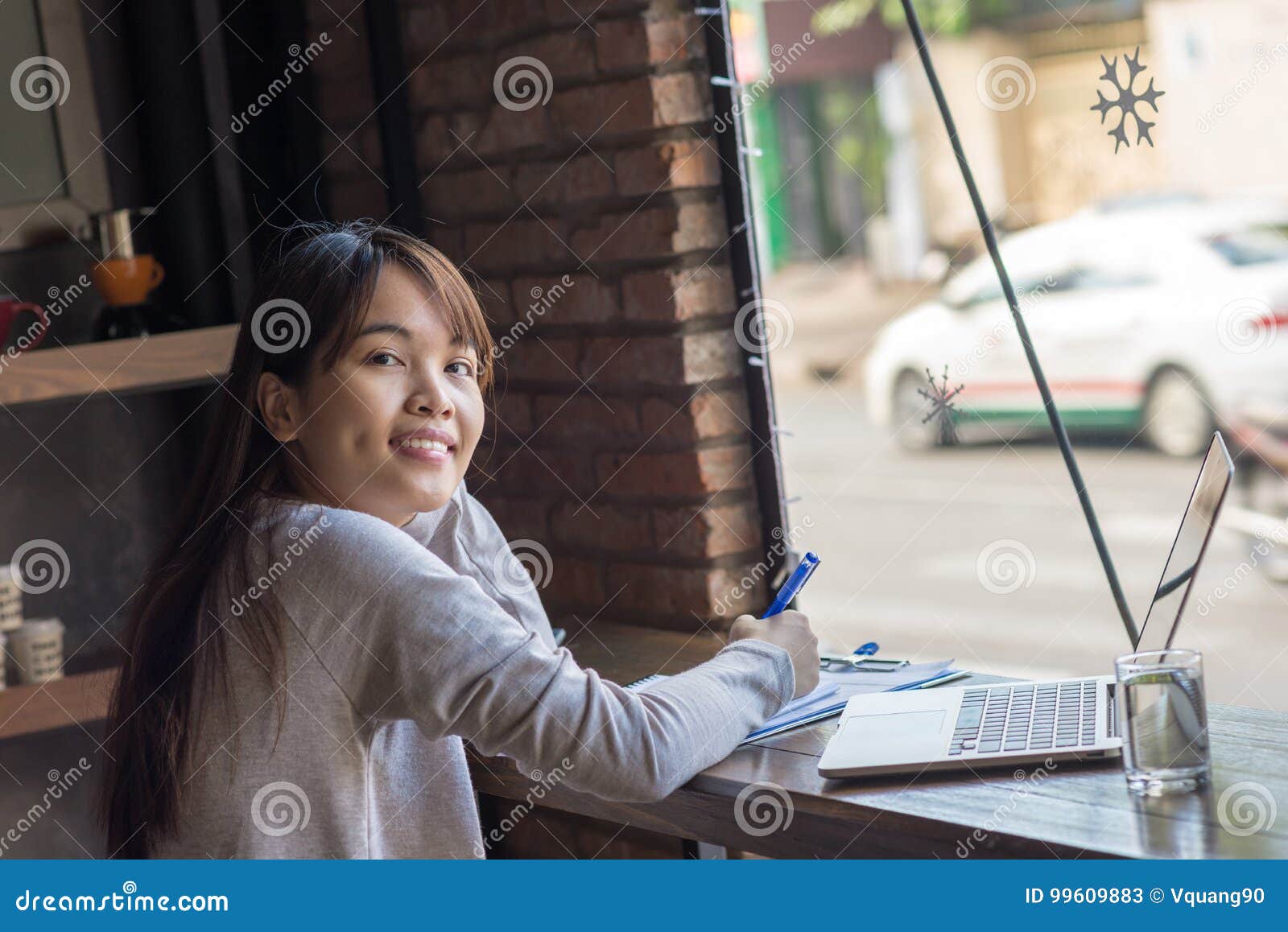 Smiling Asian Freelancer Enjoy Her Working Day Stock Image - Image of ...