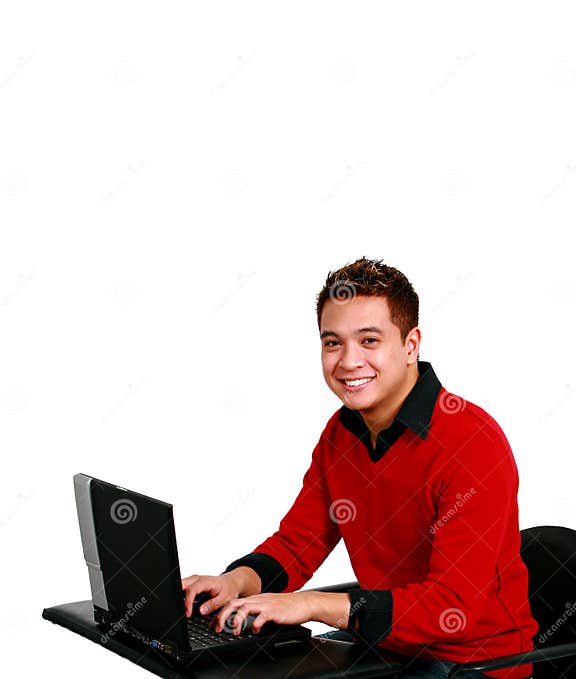 Smiling Asian Guy on Computer Stock Photo - Image of handsome, space ...