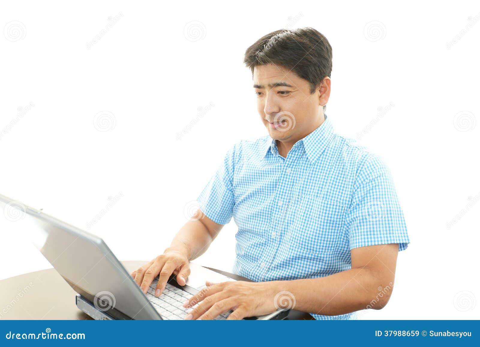 Smiling Asian Man Using Laptop Stock Image - Image of company, dressed ...
