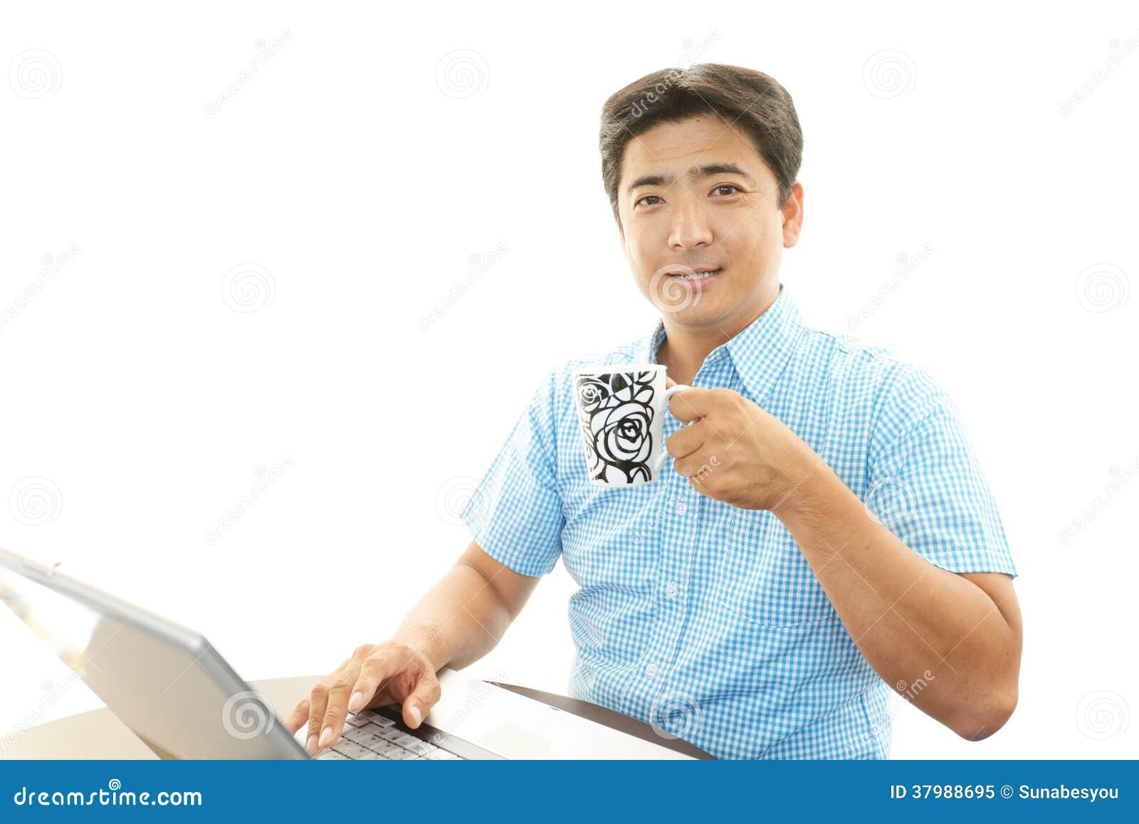 Smiling Asian Man Using Laptop Stock Image - Image of isolation ...