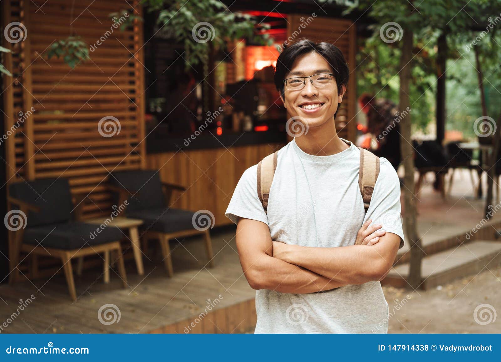 Smiling Asian Student Man Wearing Backpack Stock Photo - Image of back ...