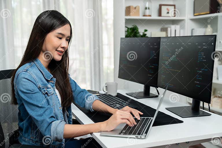 Smiling Asian it Typing Online Software Development on Laptop. Stratagem. Stock Photo - Image of ...