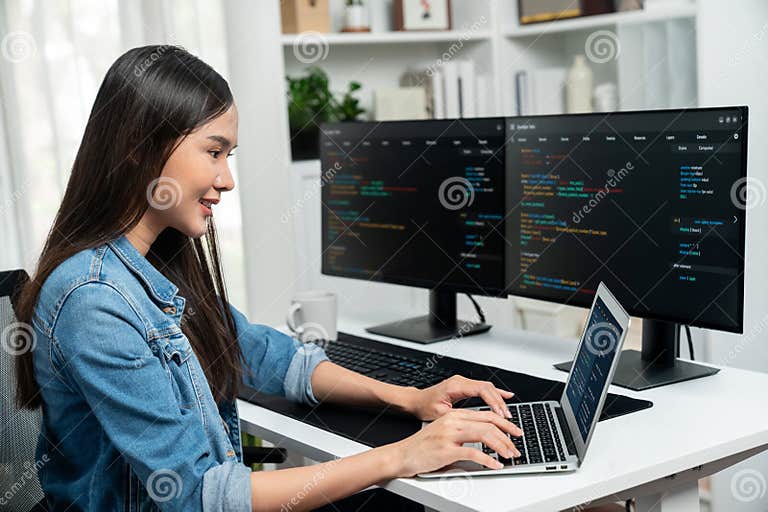 Smiling Asian it Typing Online Software Development on Laptop. Stratagem. Stock Photo - Image of ...