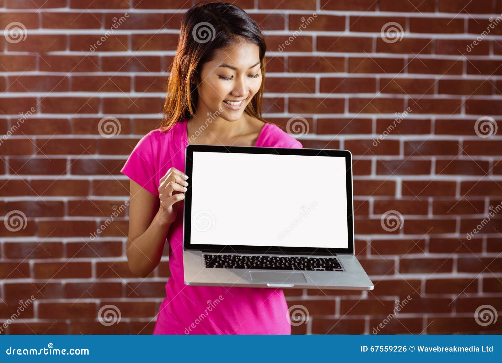 Smiling Asian Woman Holding Computer Stock Photo - Image of abode ...