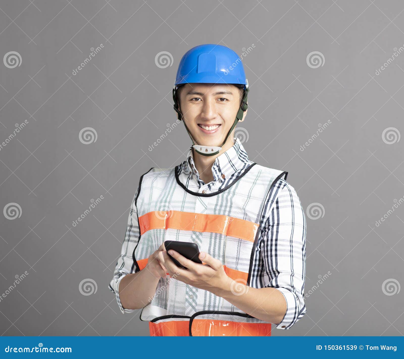 Asian Young Man Construction Worker Stock Image - Image of mobile ...