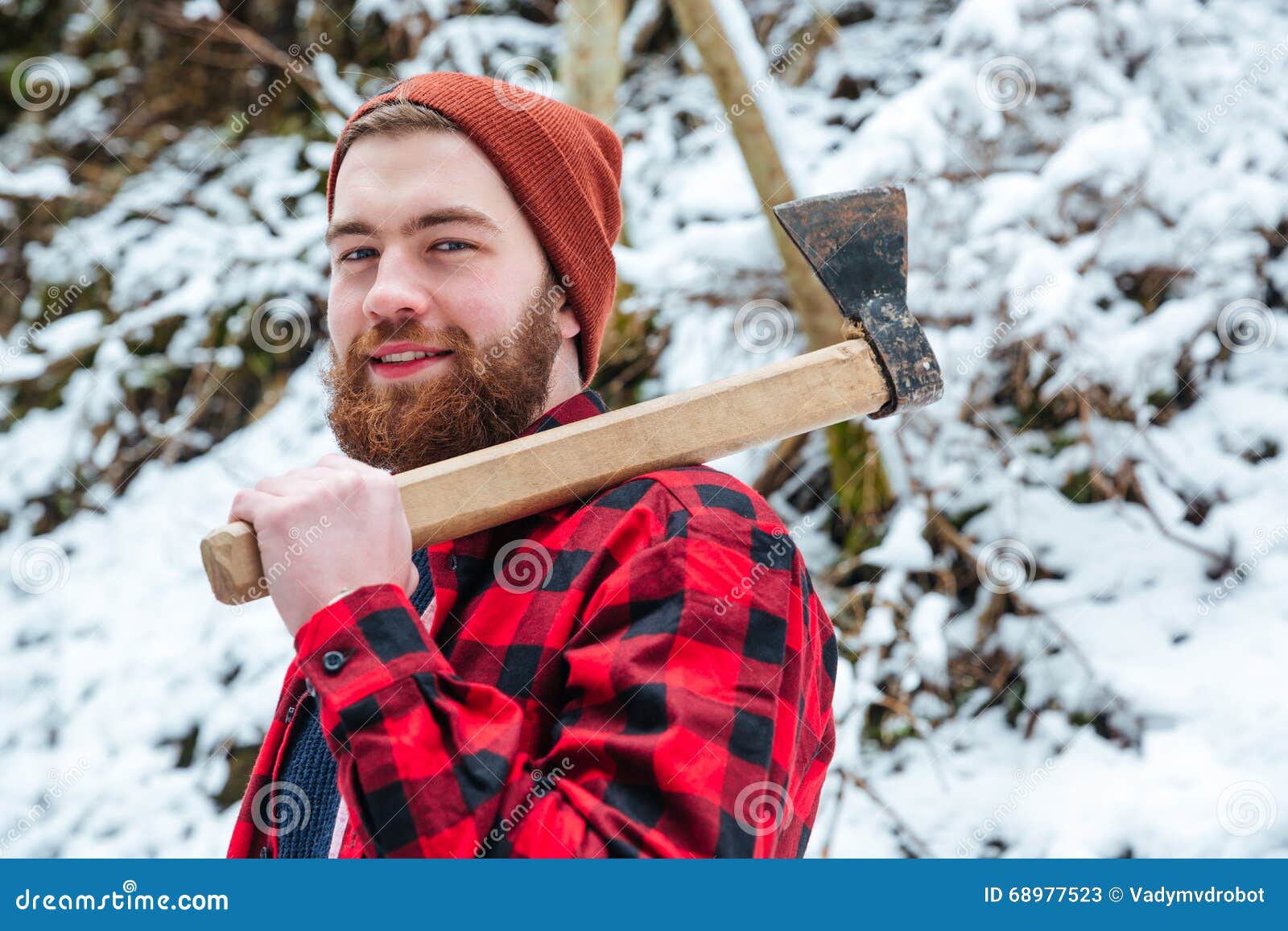 Smiling Attractive Bearded Man with Axe in Winter Forest Stock Image ...