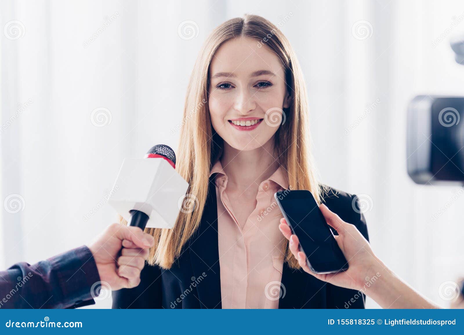 Smiling Attractive Businesswoman Giving Interview To Journalists Stock ... Smiling Attractive Businesswoman Giving Interview To Journalists Stock ...