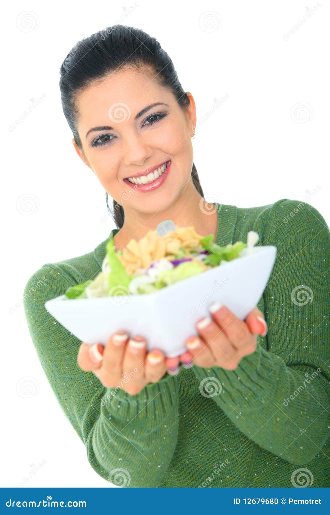 Smiling Attractive Girl Offering Salad Stock Photo - Image of model ...