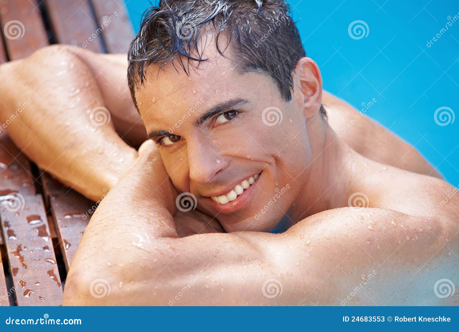 Smiling Attractive Man in Swimming Pool Stock Image - Image of fresh ...