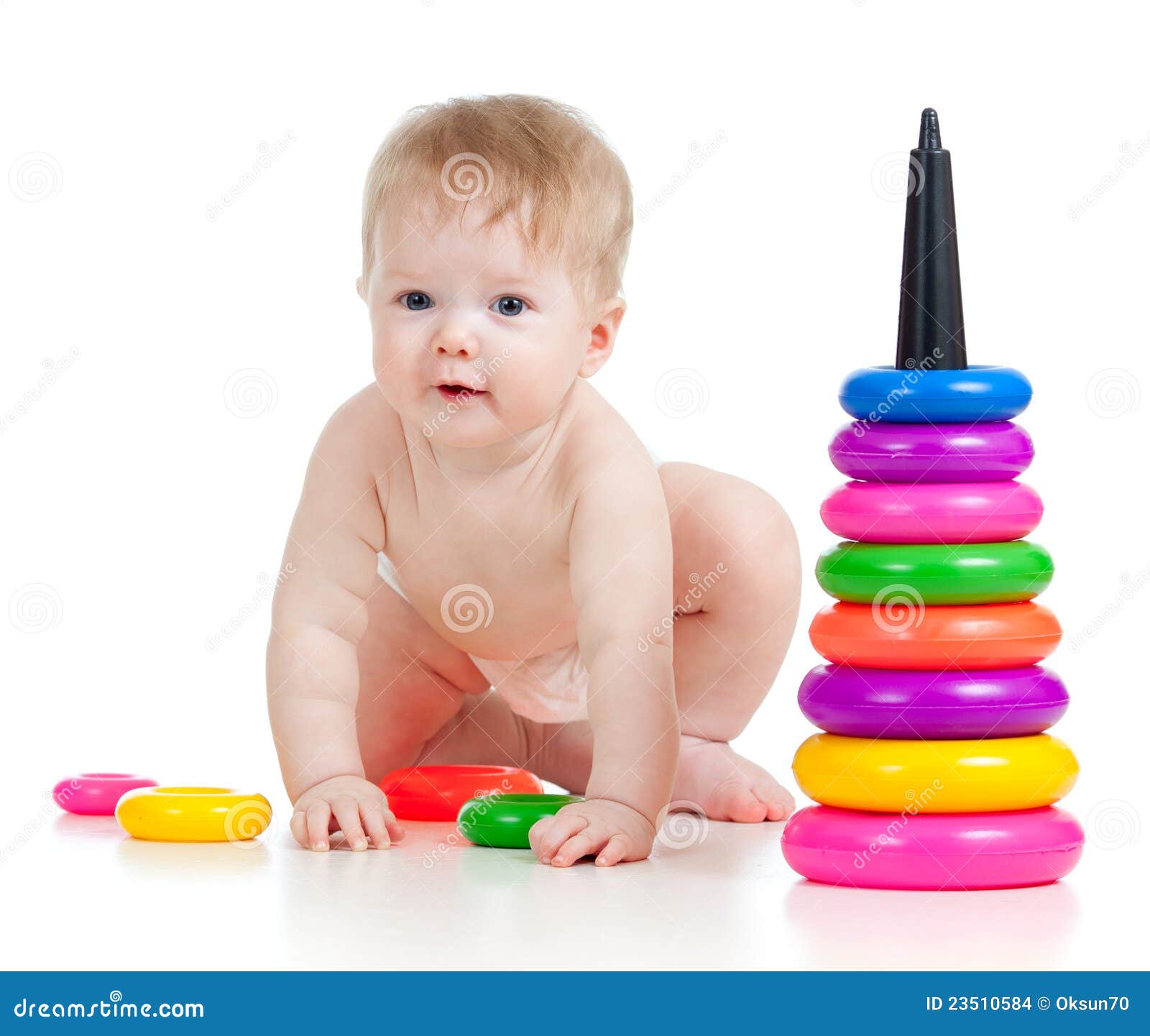 Smiling Baby with Color Toys Stock Photo - Image of crawling, looking ...