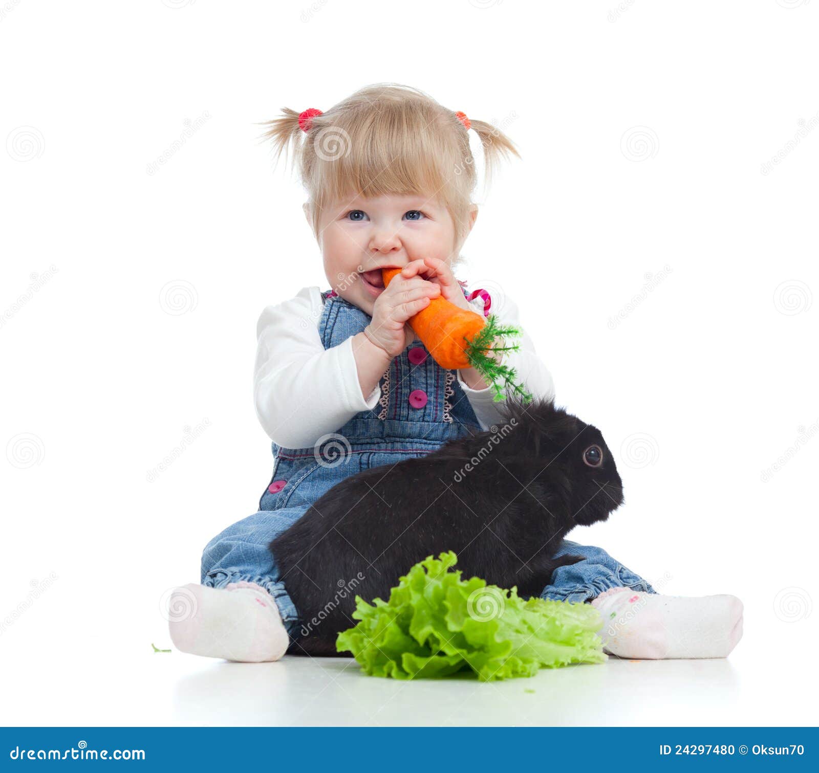 Smiling Baby Eating a Carrot and Feeding Rabbit Stock Photo - Image of ...