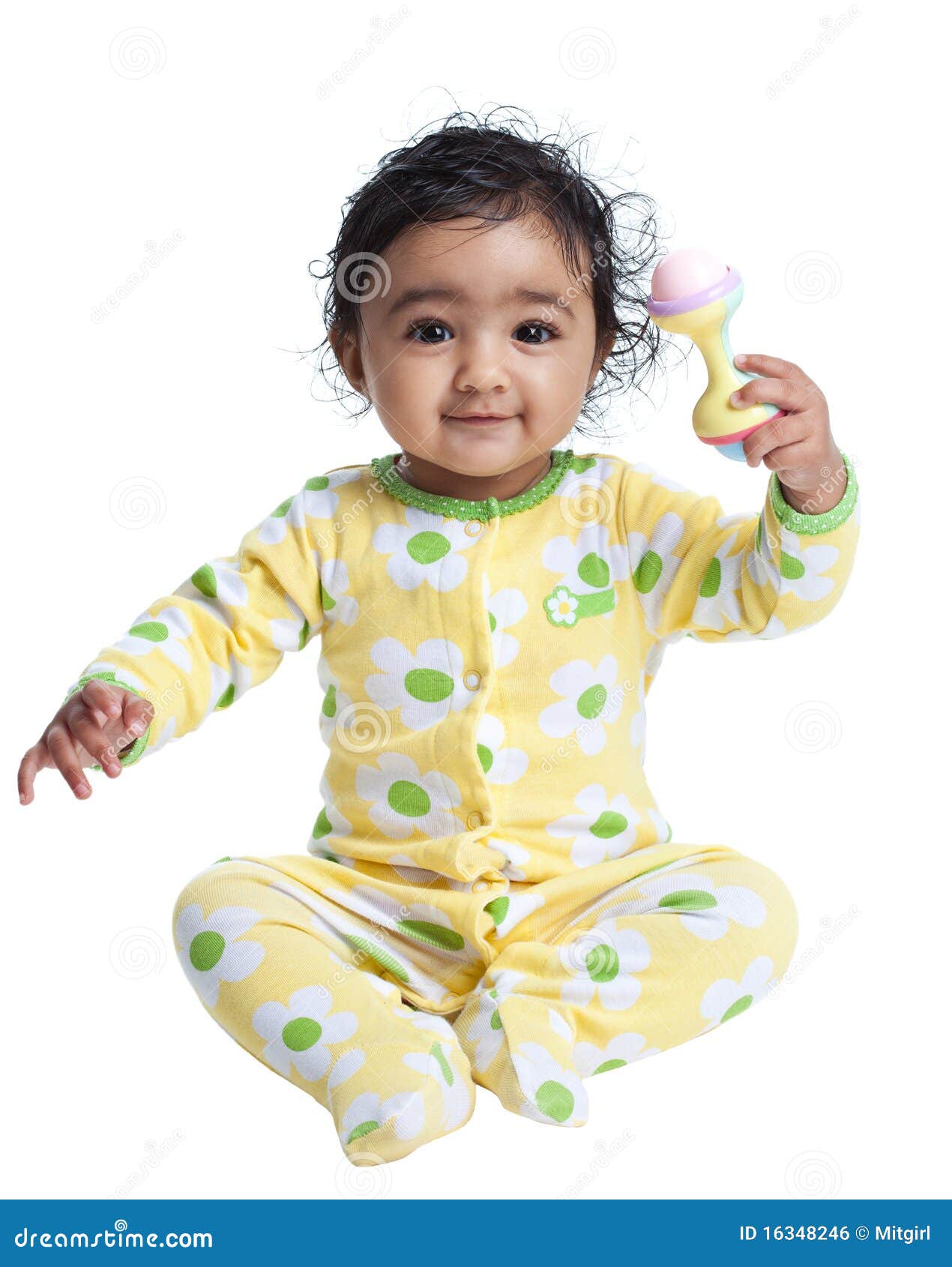 Smiling Baby Girl Playing with Rattle Stock Photo - Image of shake ...