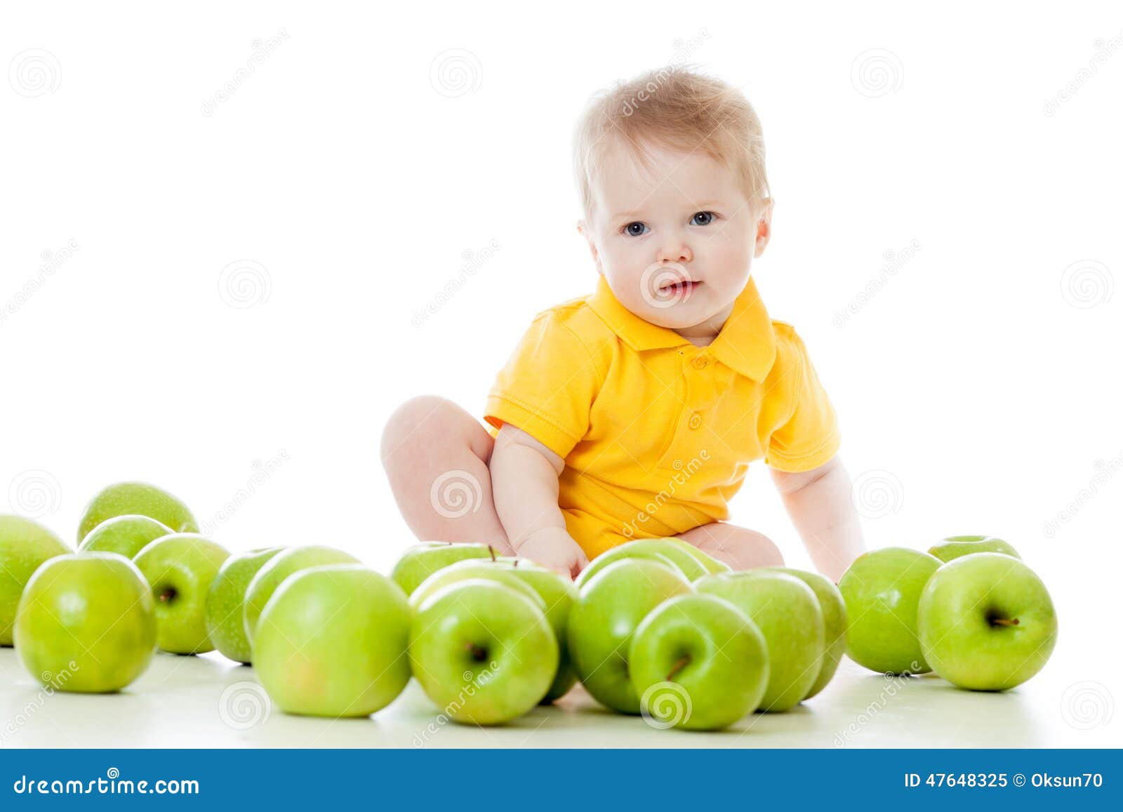 Smiling Baby with Many Green Apples Stock Image - Image of beautiful ...
