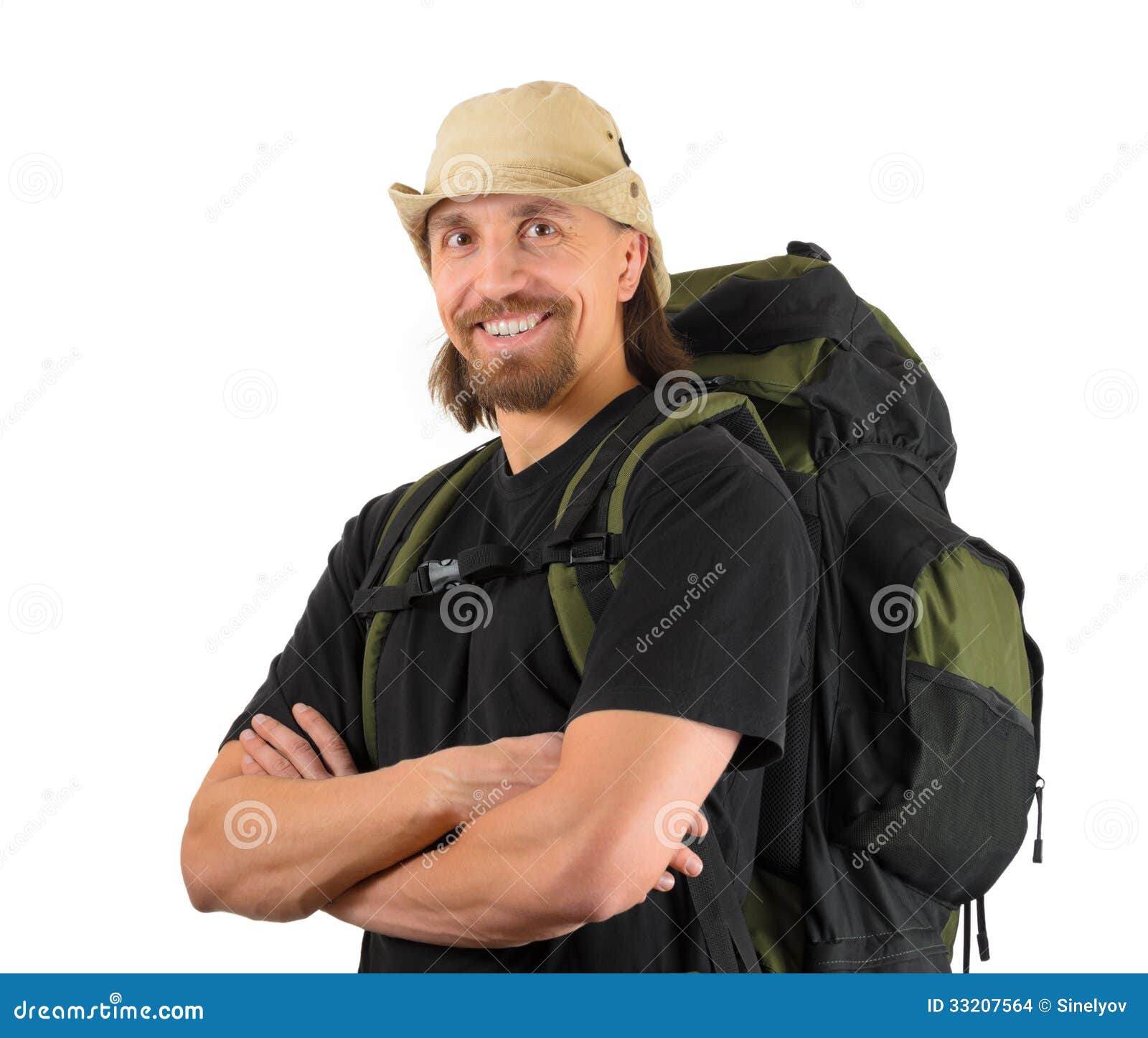 Smiling Backpacker Dressed Orange Jacket Giving High Five To Female ...