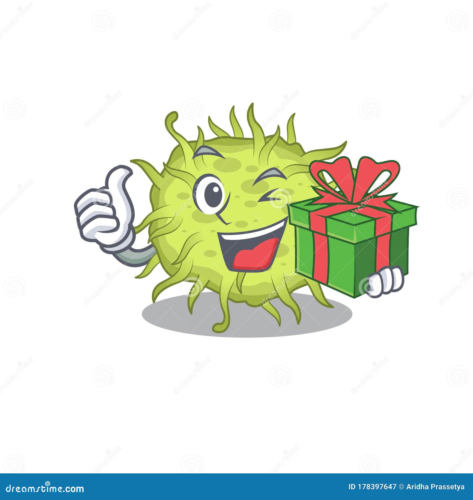 Smiling Bacteria Coccus Cartoon Character Having a Green Gift Box Stock ...